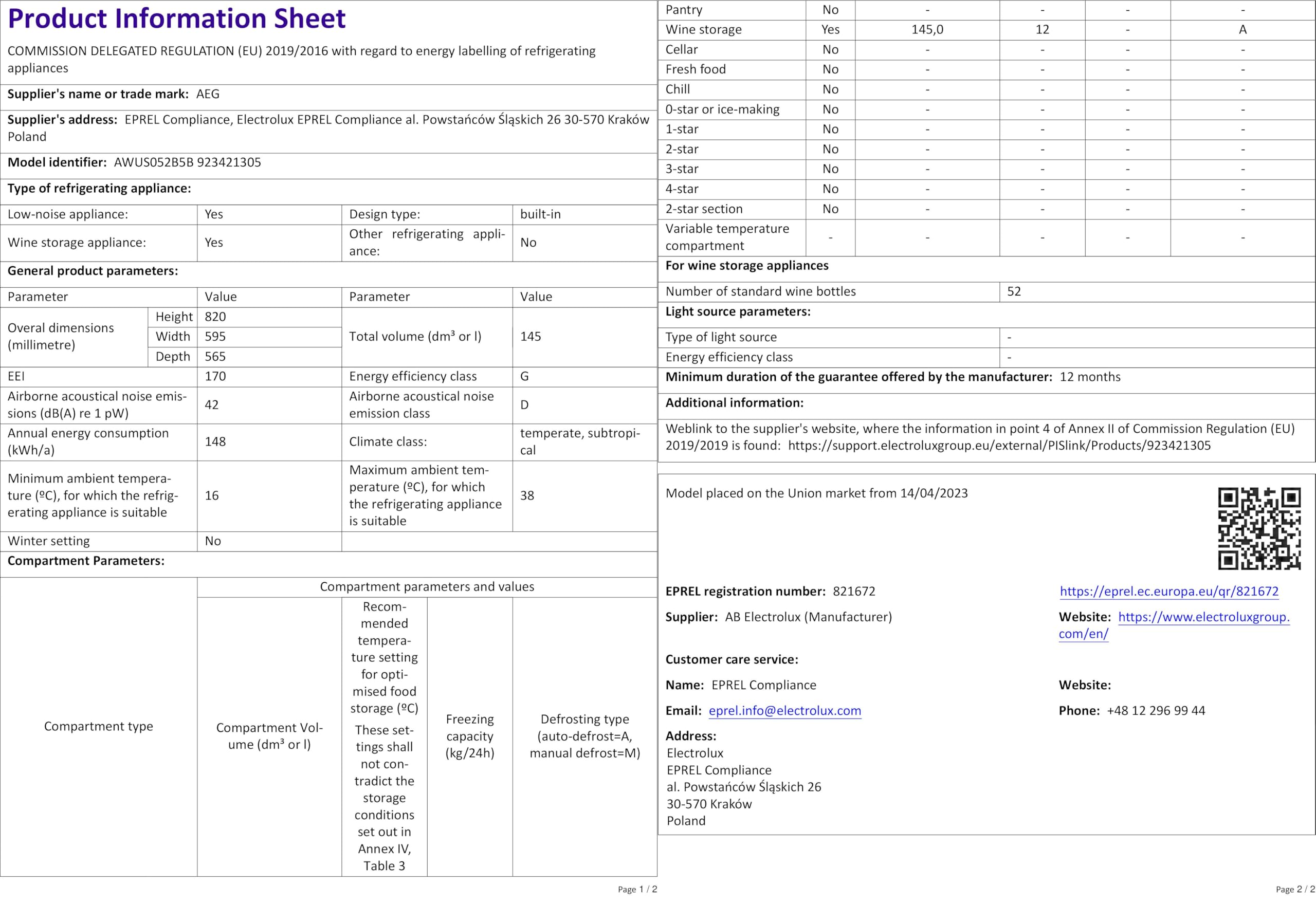 AEG 5000 Series Built-In Wine Fridge, AWUS052B5B, 82 cm, 145 L Capacity ...