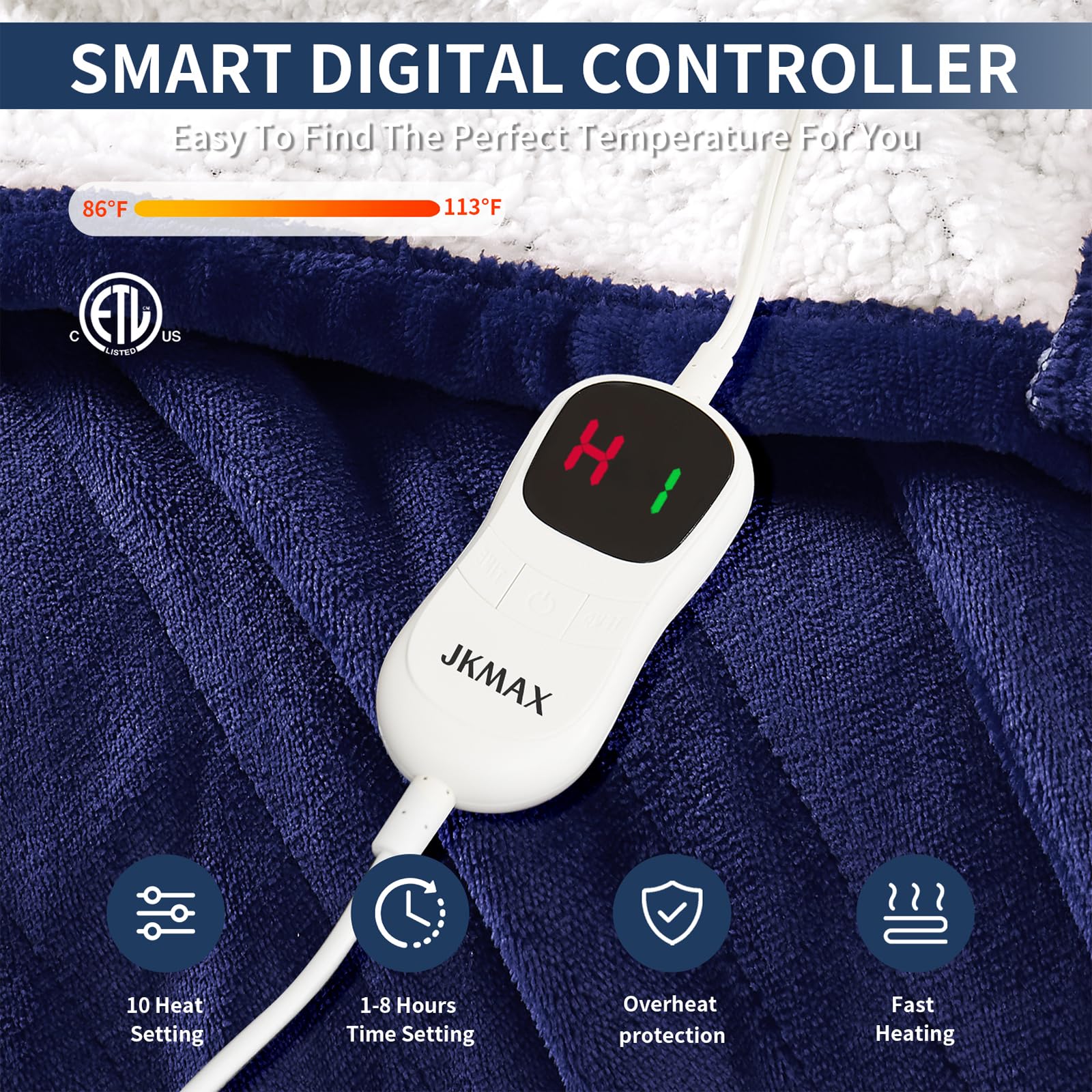 Snapklik.com : JKMAX 50"x60" Heated Throw Blanket - 10 Heat Settings