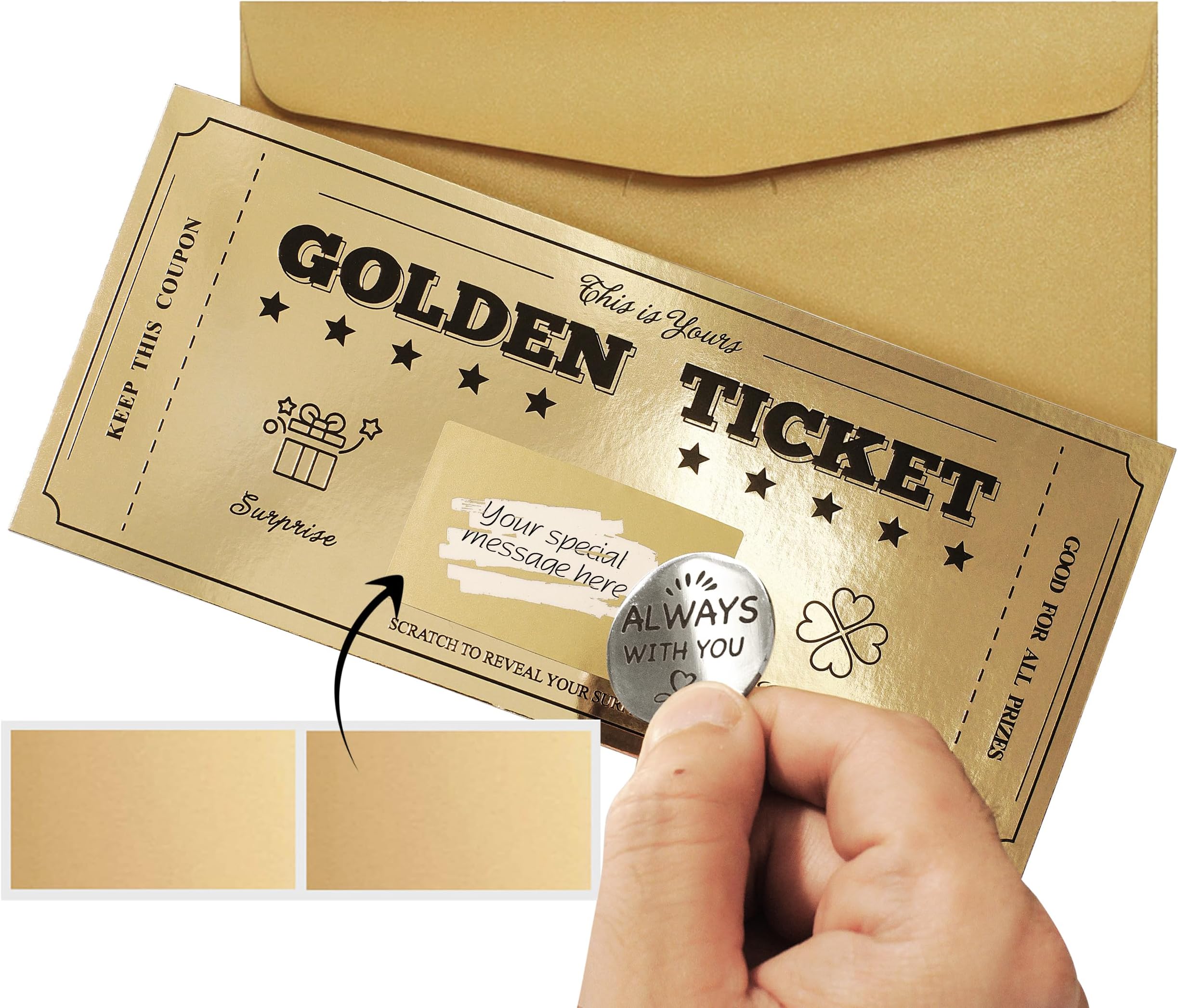 Amazon.com : Golden Ticket with Lucky Coin, Scratch Card with Envelope ...