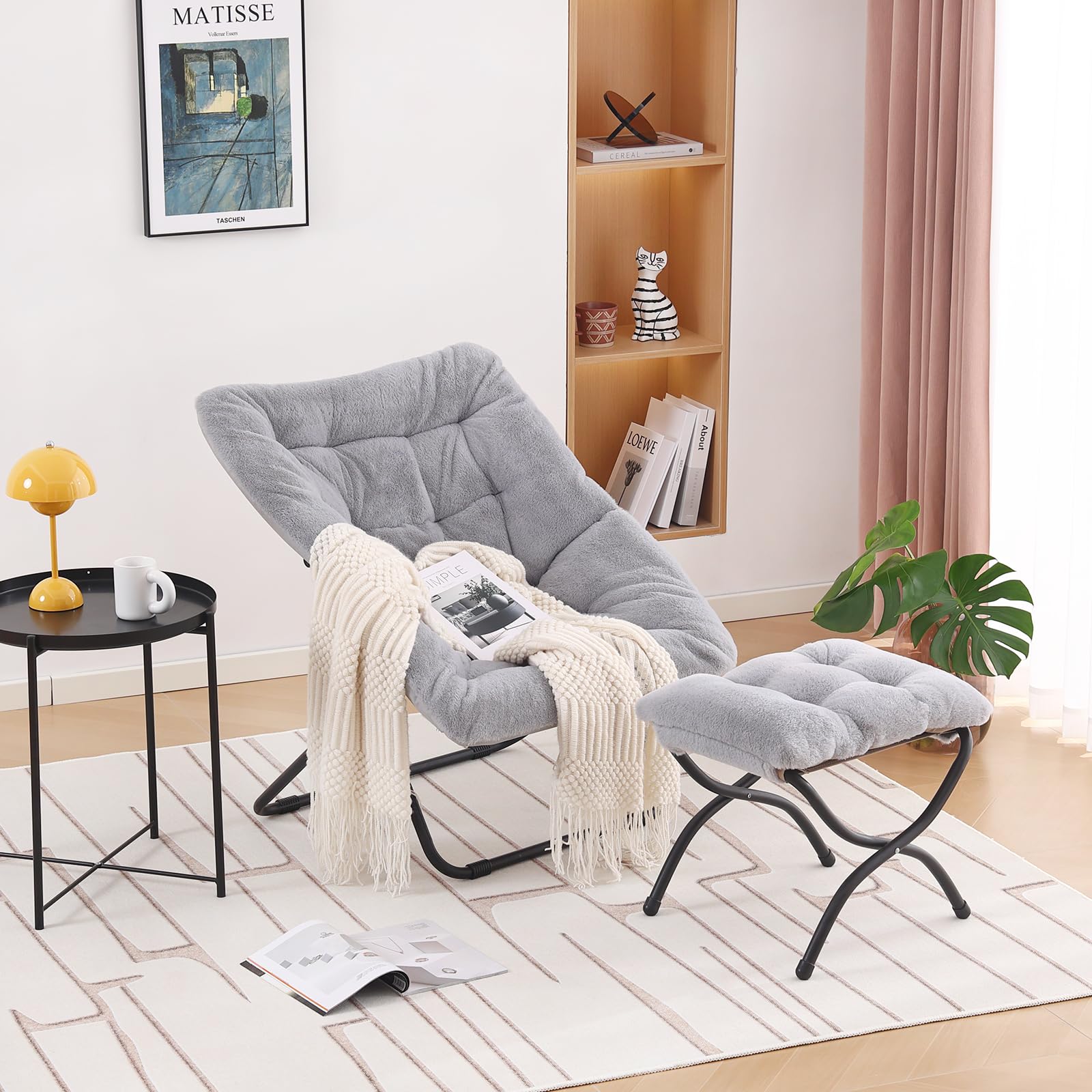 Comfy Saucer Chair with Ottoman, Oversized Folding Faux Fur Chair Soft ...