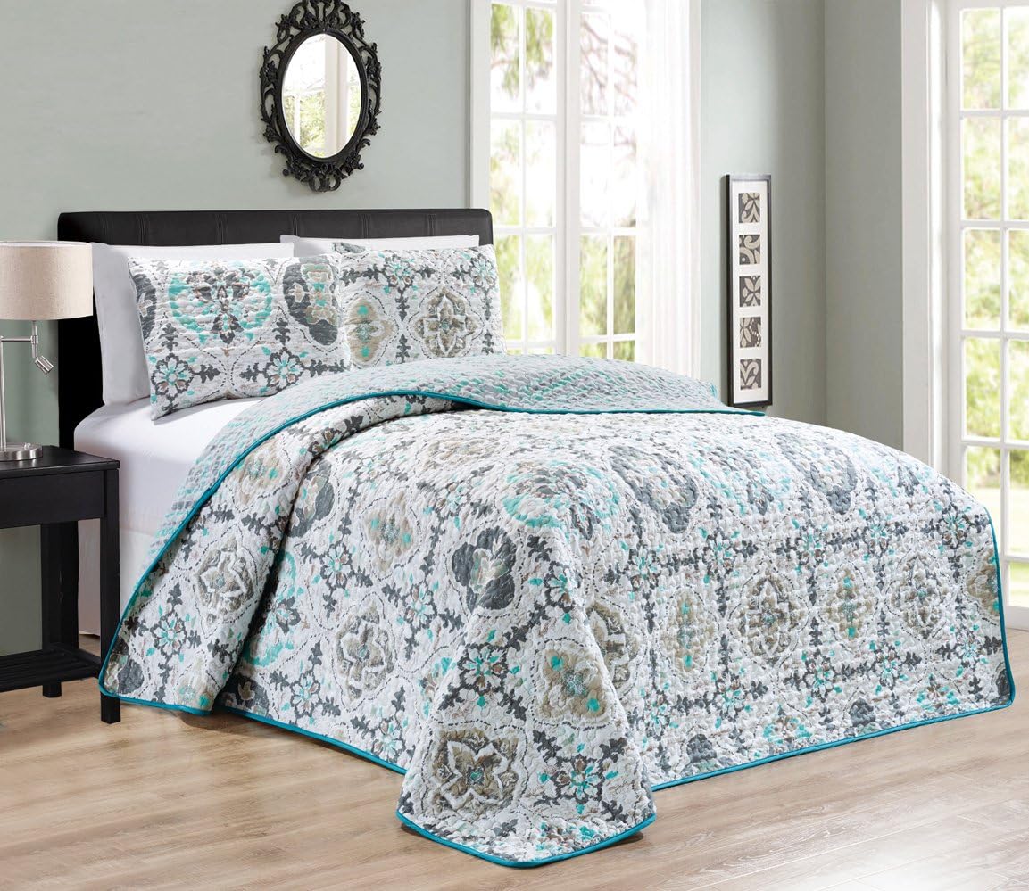 Amazon.com: 3-Piece Queen Size Abstract Turquoise Blue Grey Quilt Set ...