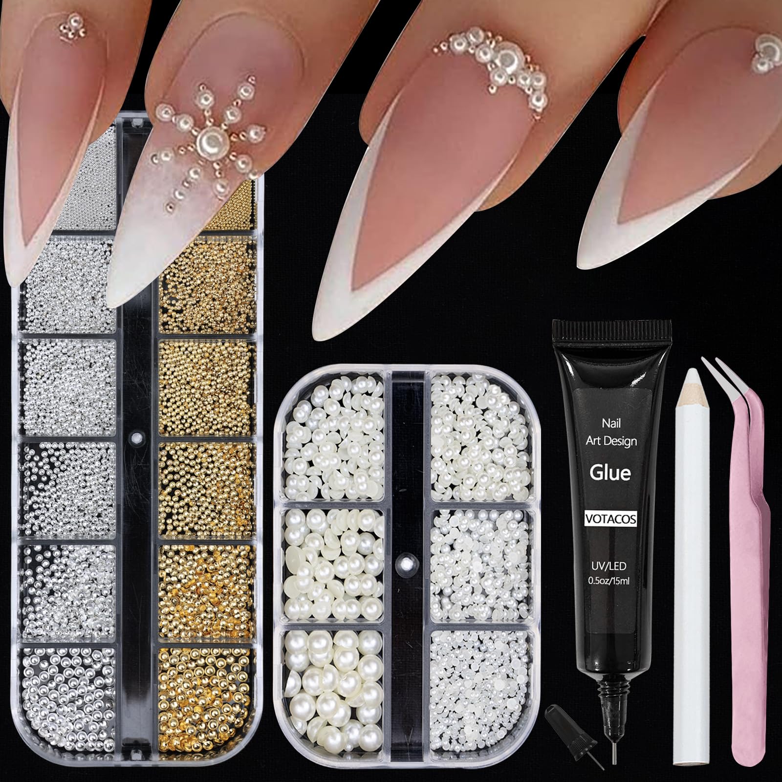 Amazon.com: VOTACOS Nail Art Pearls with Nail Rhinestones Glue Gel ...