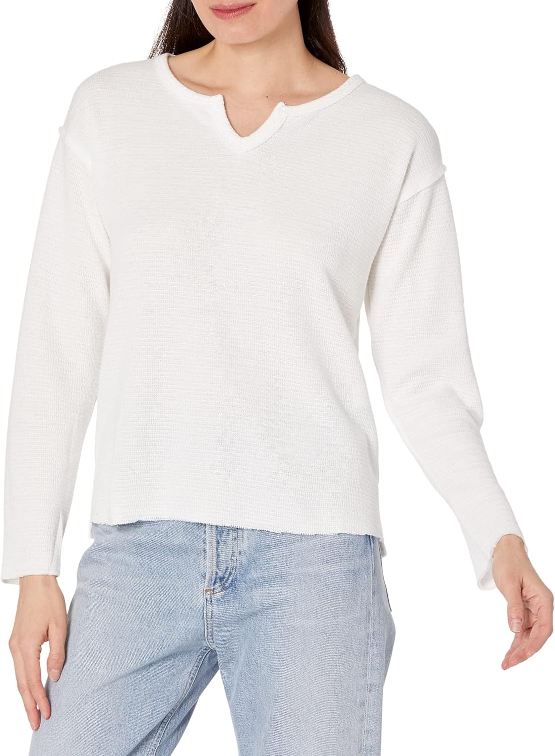 Mod-O-Doc Texture Knit Long Sleeve Drop Armhole Notch Neck Top White SM ...