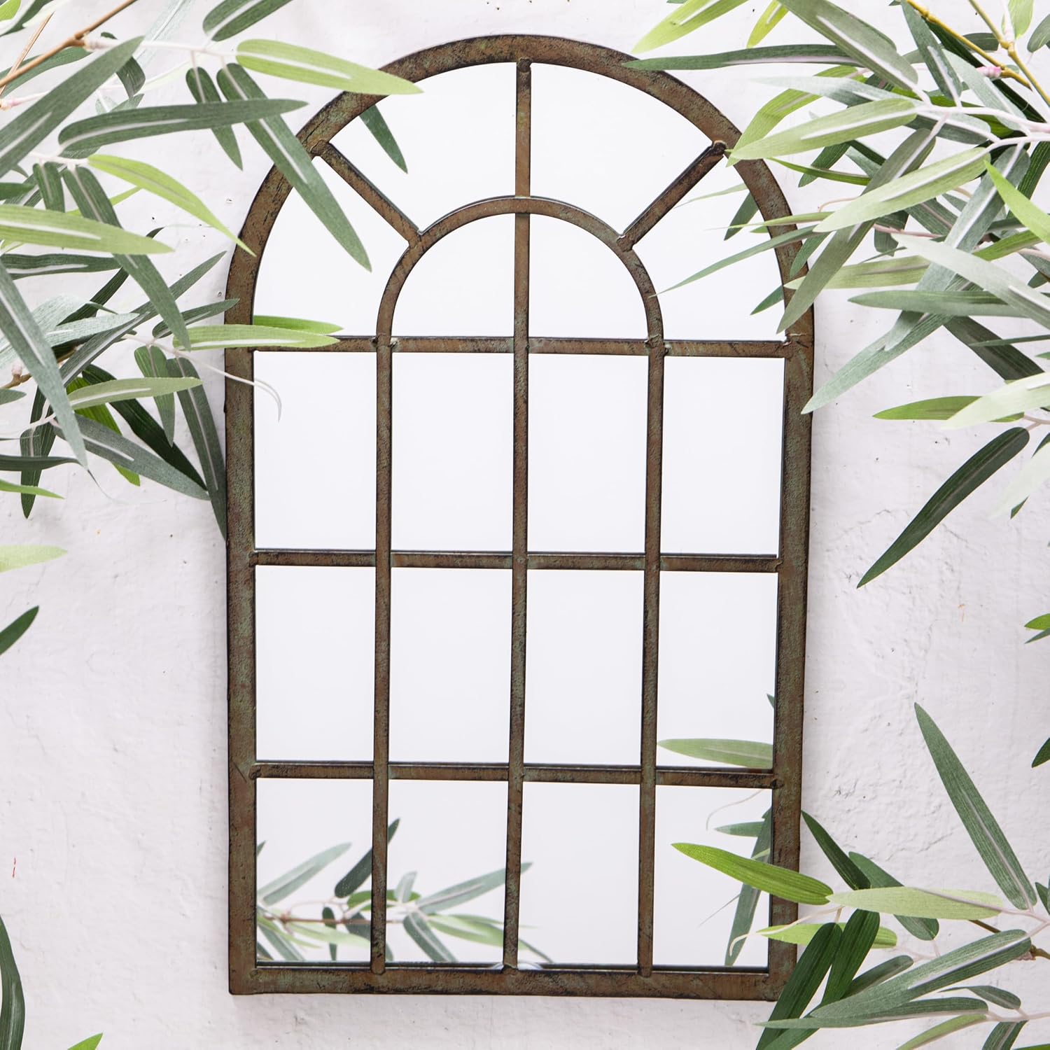 Antique Distressed Green Metal Arched Vintage Window Garden Wall Mirror ...