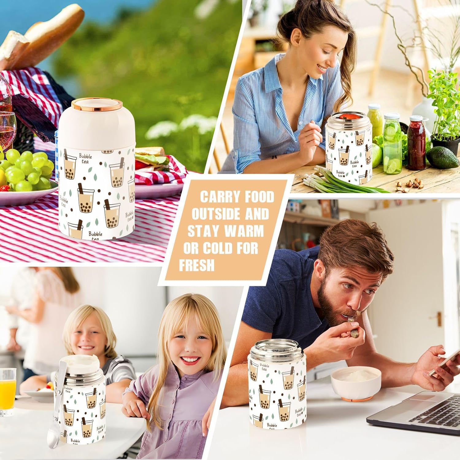 Bubble Milk Tea Cup Green Tea Leaves Kids Womens Insulated Food Jar ...