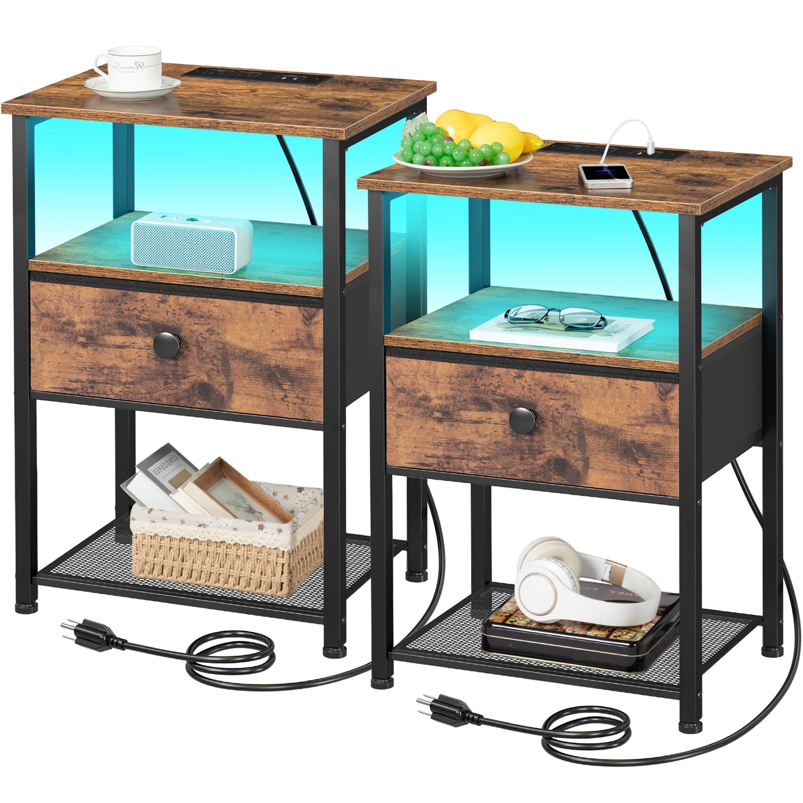 Amazon.com: LOAKEKEL Night Stand Set 2, LED Nightstand with Charging ...