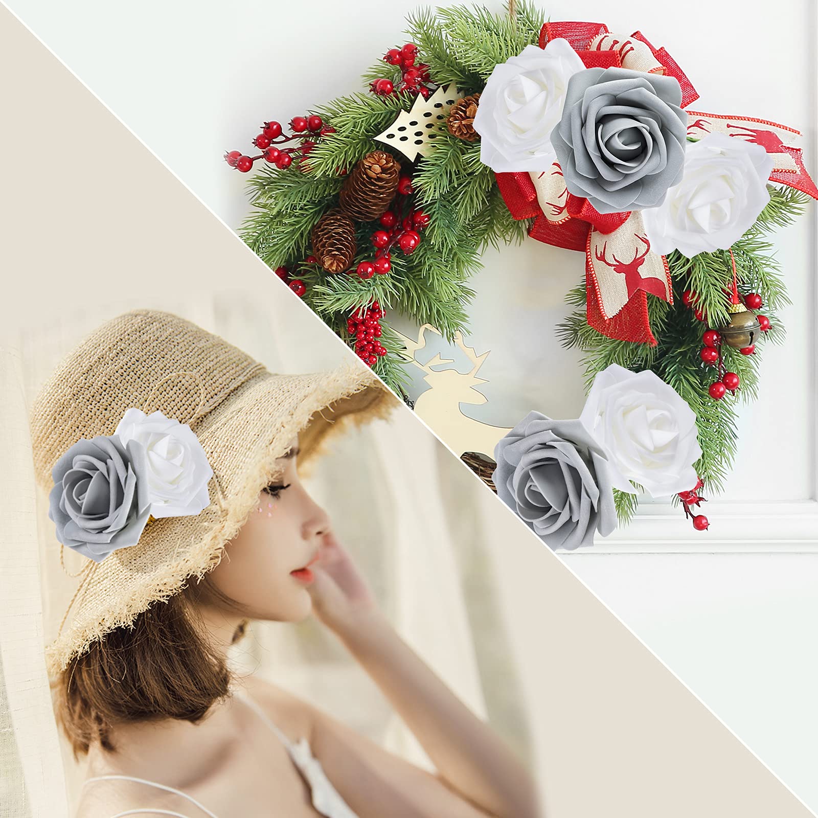 ASYOUWISH Artificial Flowers 25pcs Real Touch Fake Rose with Stems Foam ...