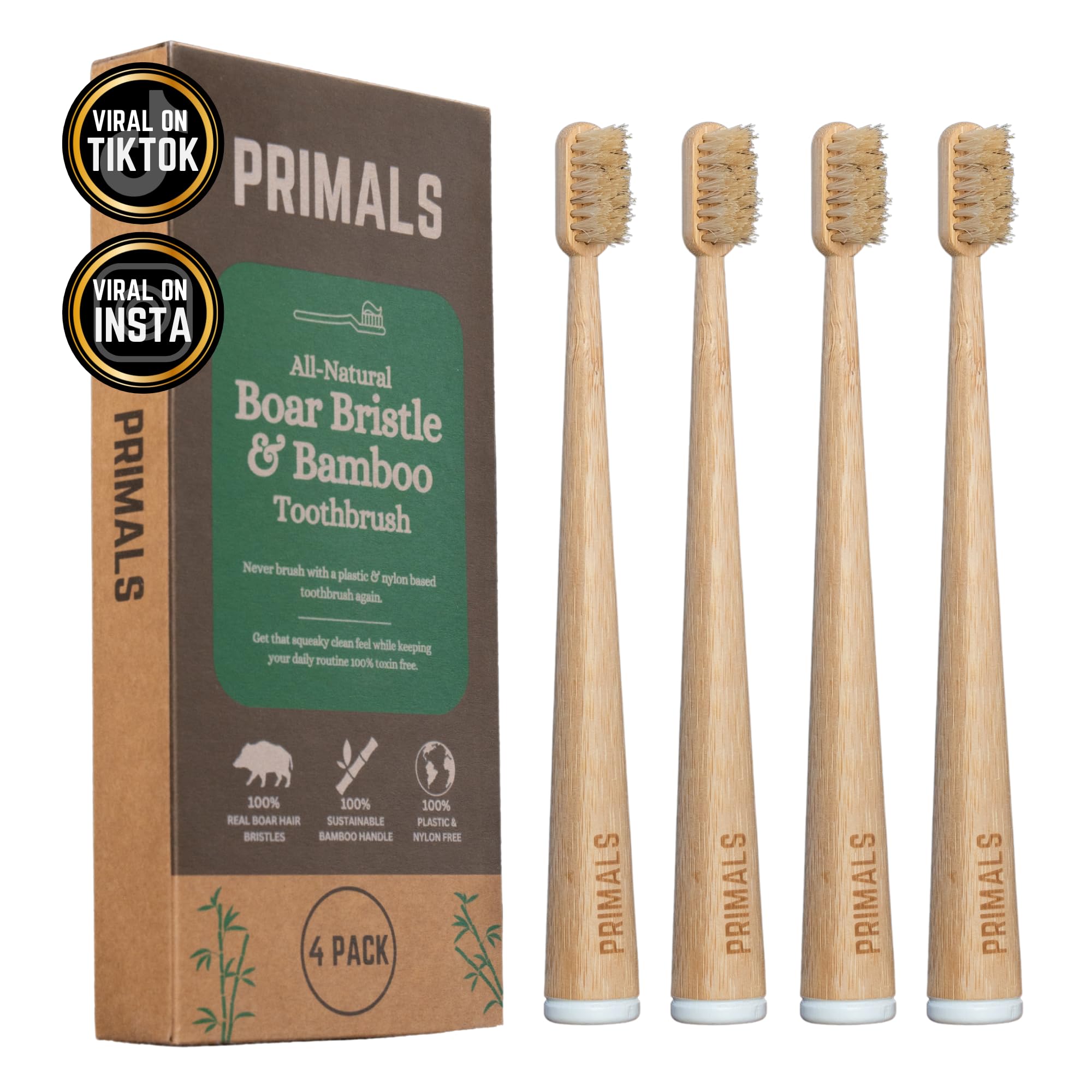 Amazon.com : PRIMALS Boar Bristle & Bamboo Toothbrush (4-Pack ...