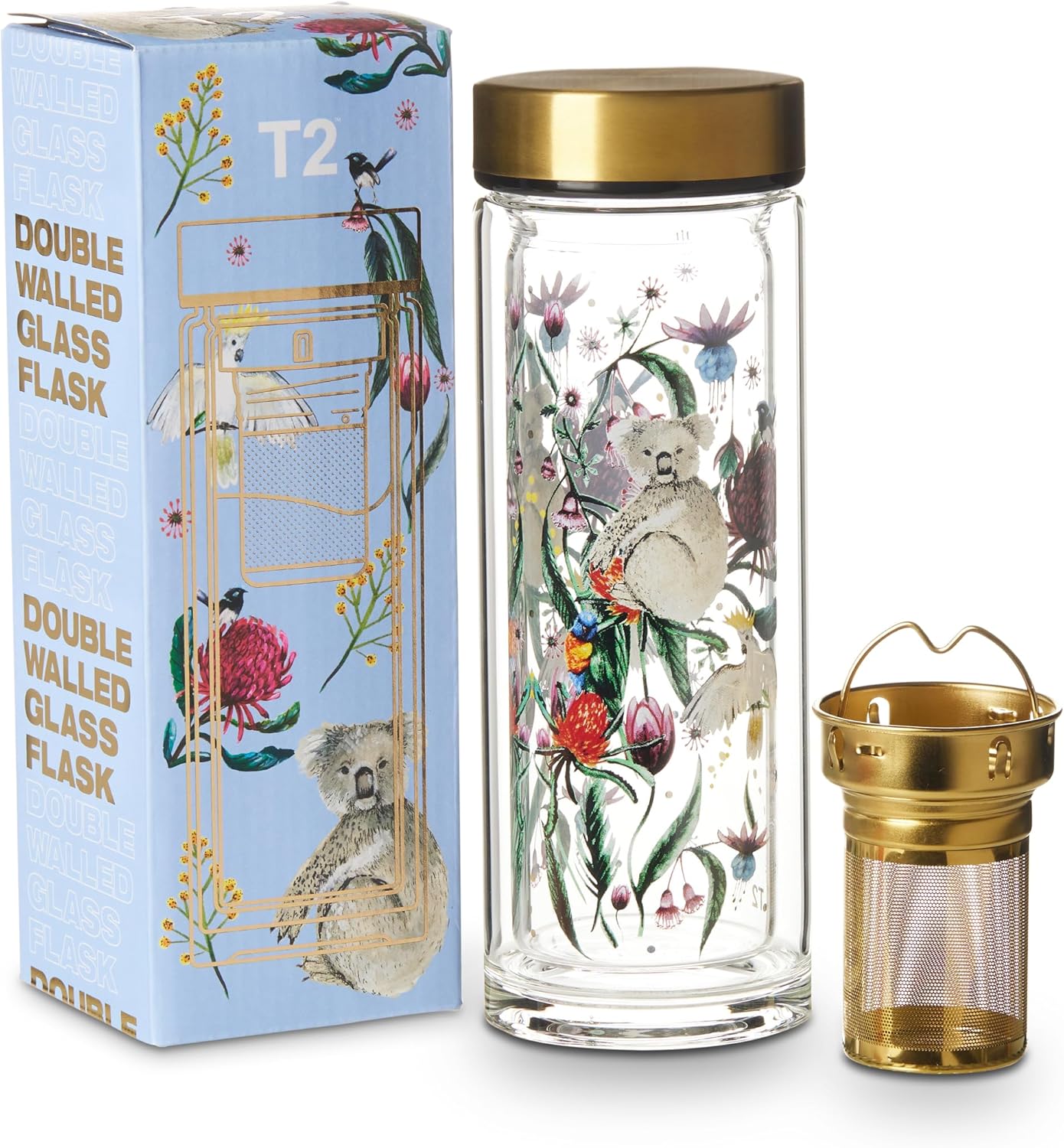 T2 Tea Boxed Double Walled Glass Flask with Stainless Steel Infuser ...