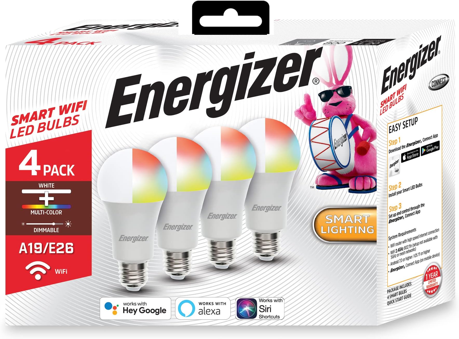 Energizer Connect Smart A19 LED White & Multi-Color RGB Light Bulb with ...