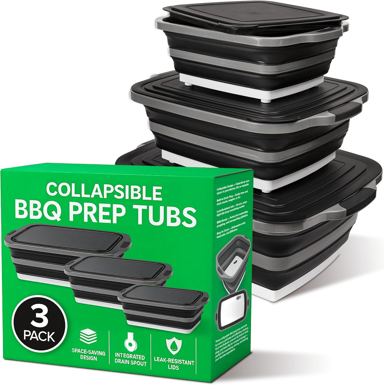 Amazon.com: Collapsible BBQ Prep Tub with Lids and Drain Spouts, 3 Pack ...
