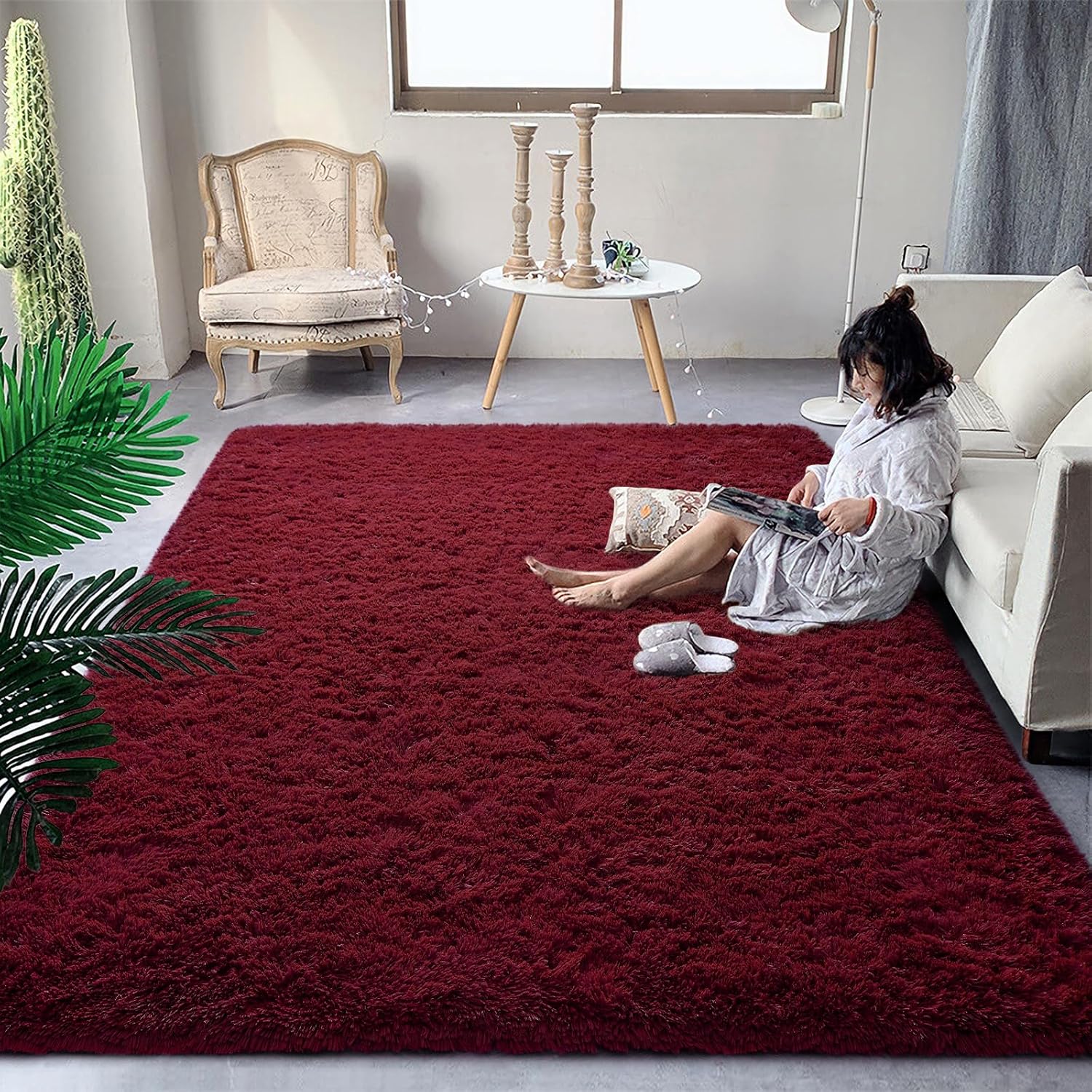Amazon.com: DweIke Fluffy Burgundy Red Rugs for Bedroom Living Room ...