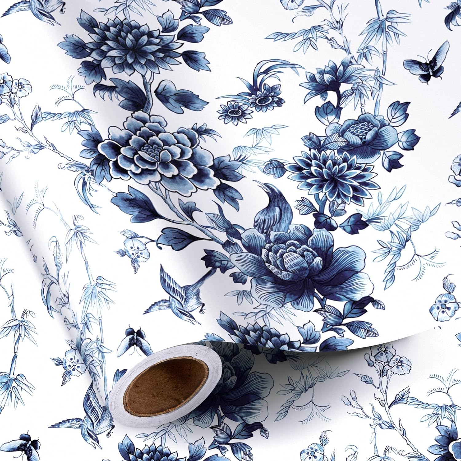 Amazon.com: RUSPEPA Blue and White Floral Wrapping Paper Roll, Vintage ...