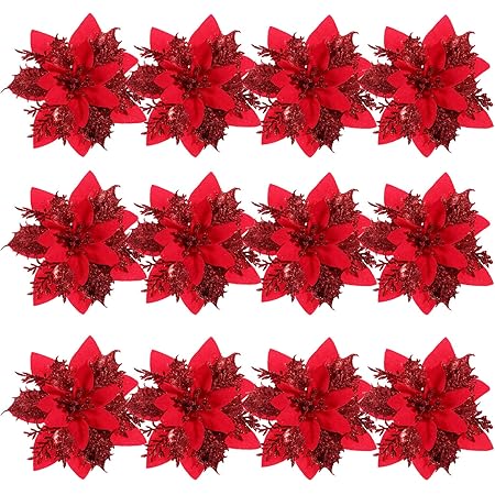 Amazon.com: NUOBESTY 12 Pieces Christmas Glitter Poinsettia Flowers Christmas Tree Ornaments ...