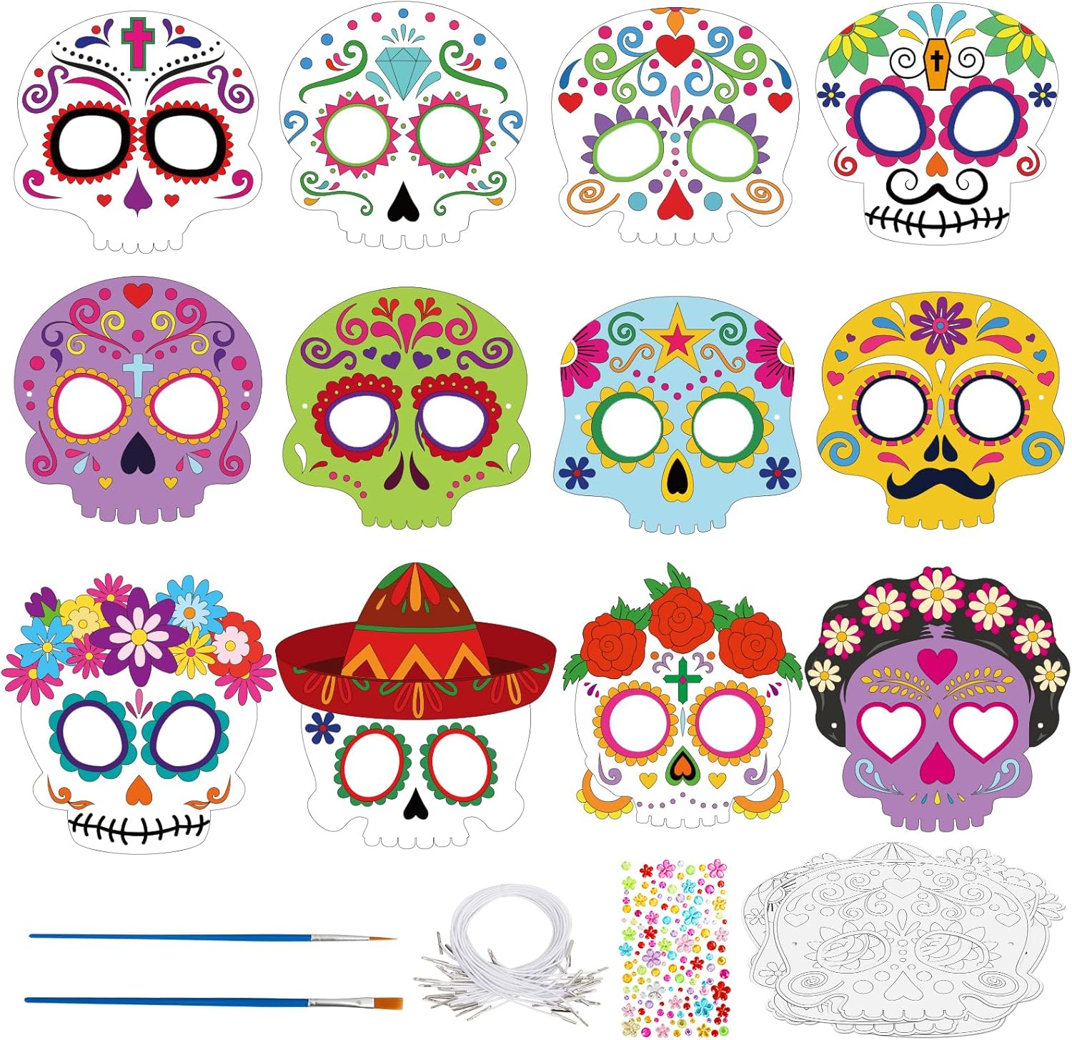 Amazon.com: ZEELONA 24 Pcs Day of The Dead Crafts for Kids DIY Halloween Mask Crafts Color Your ...