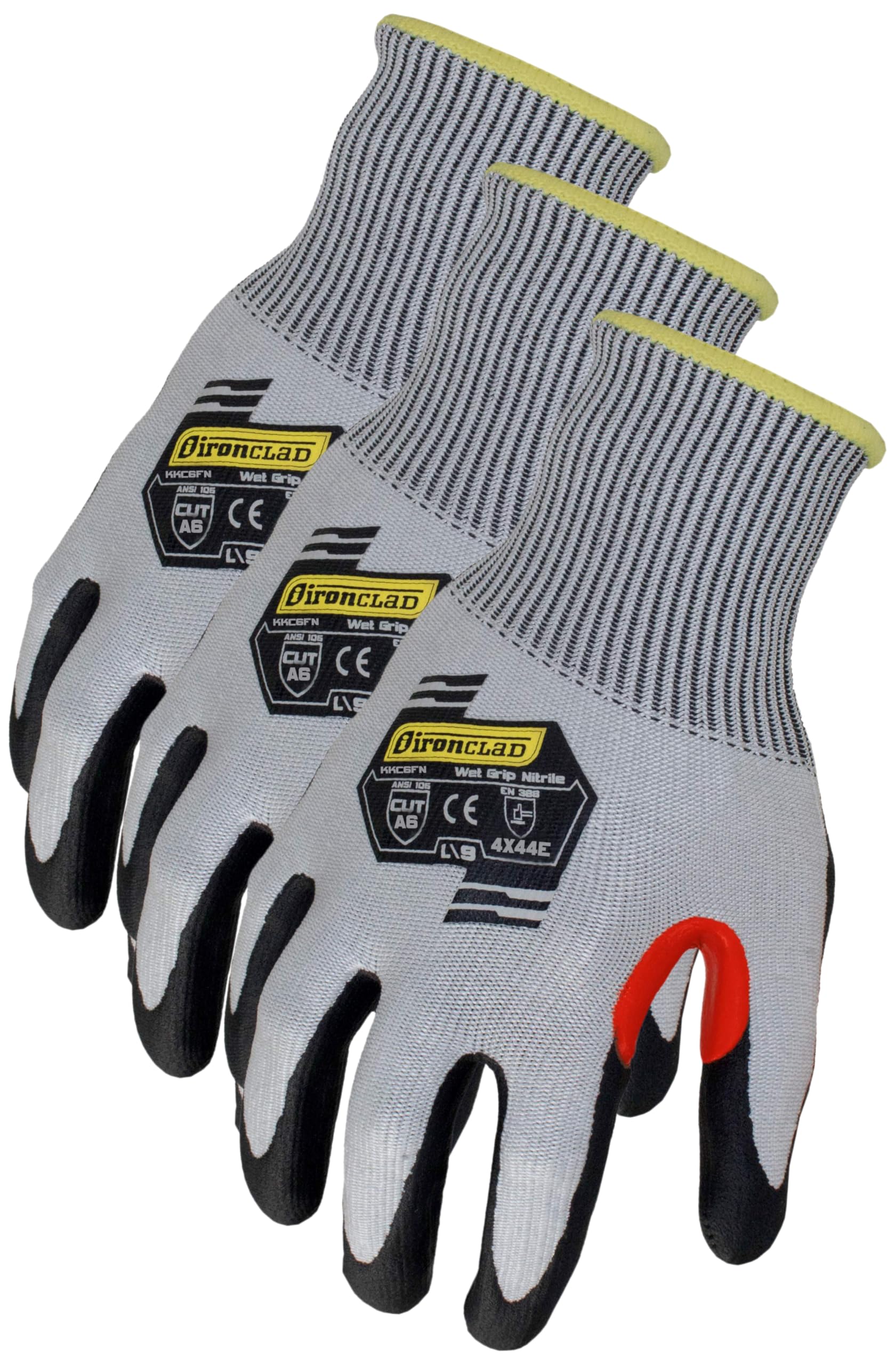 Ironclad mens Work Glove COMMAND ILT A6 FOAM NITRILE, Grey/Black/Red, Large US (Pack of 3 ...