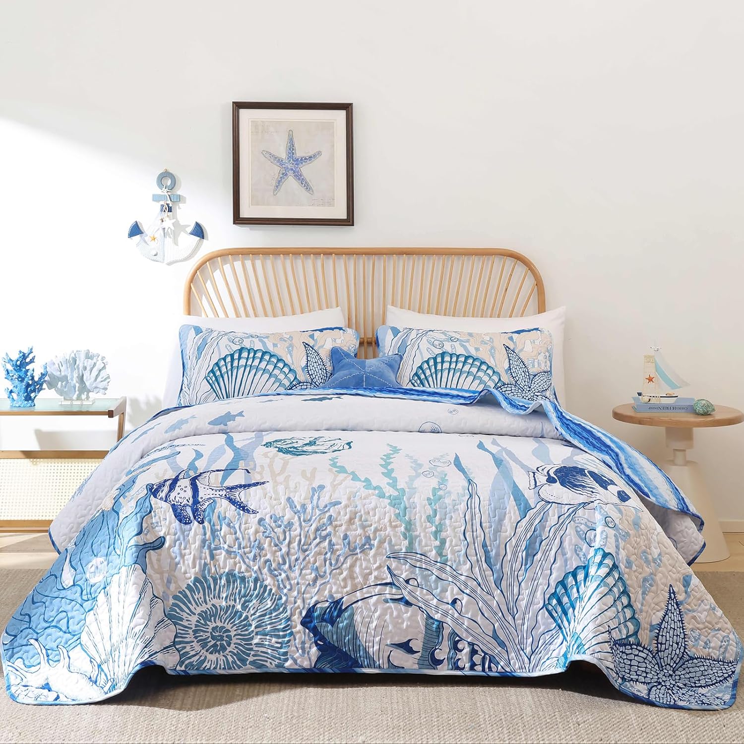 Amazon.com: Djoymock Coastal King Size Quilt Set 3 Piece, Reversible ...