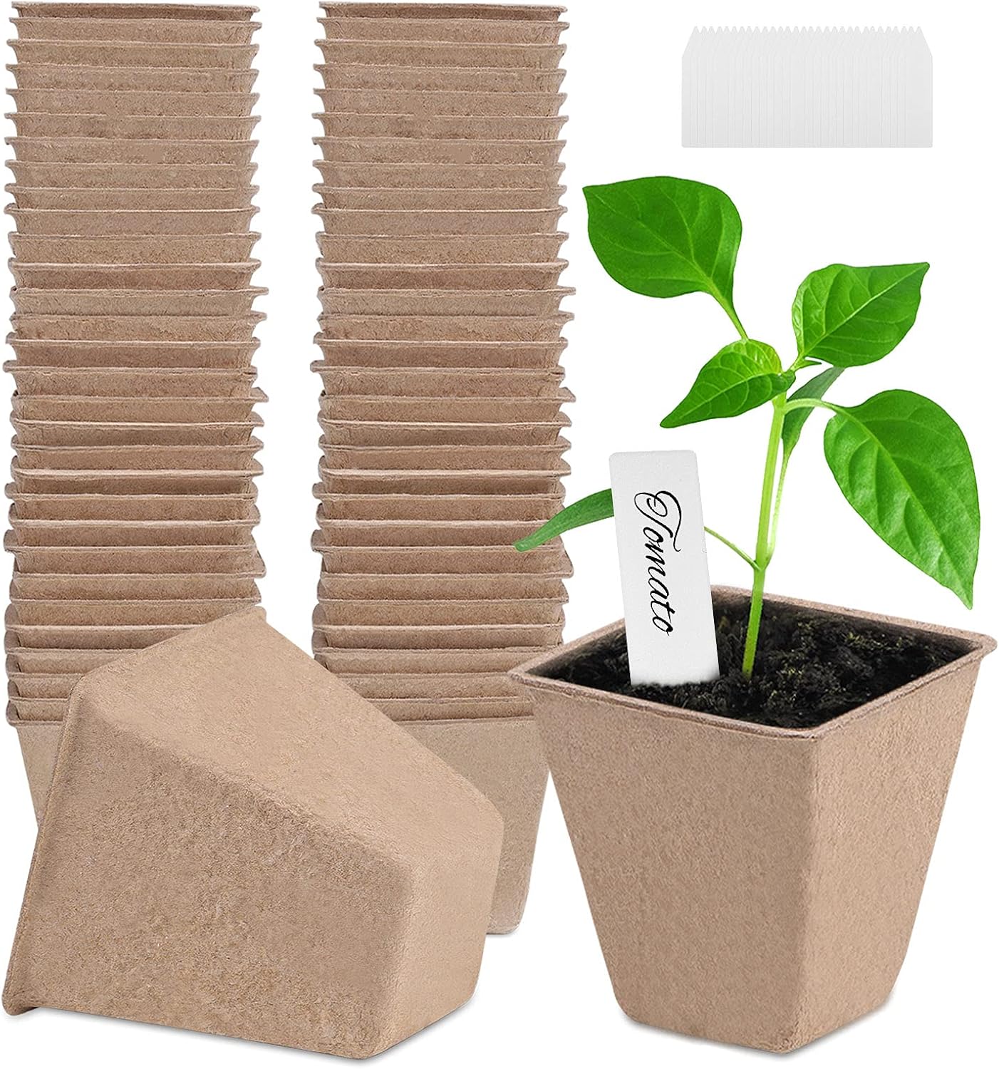 Elcoho 60 Pieces Square Fibre Pots Seedling Pots Seed Starter Tray Kit ...