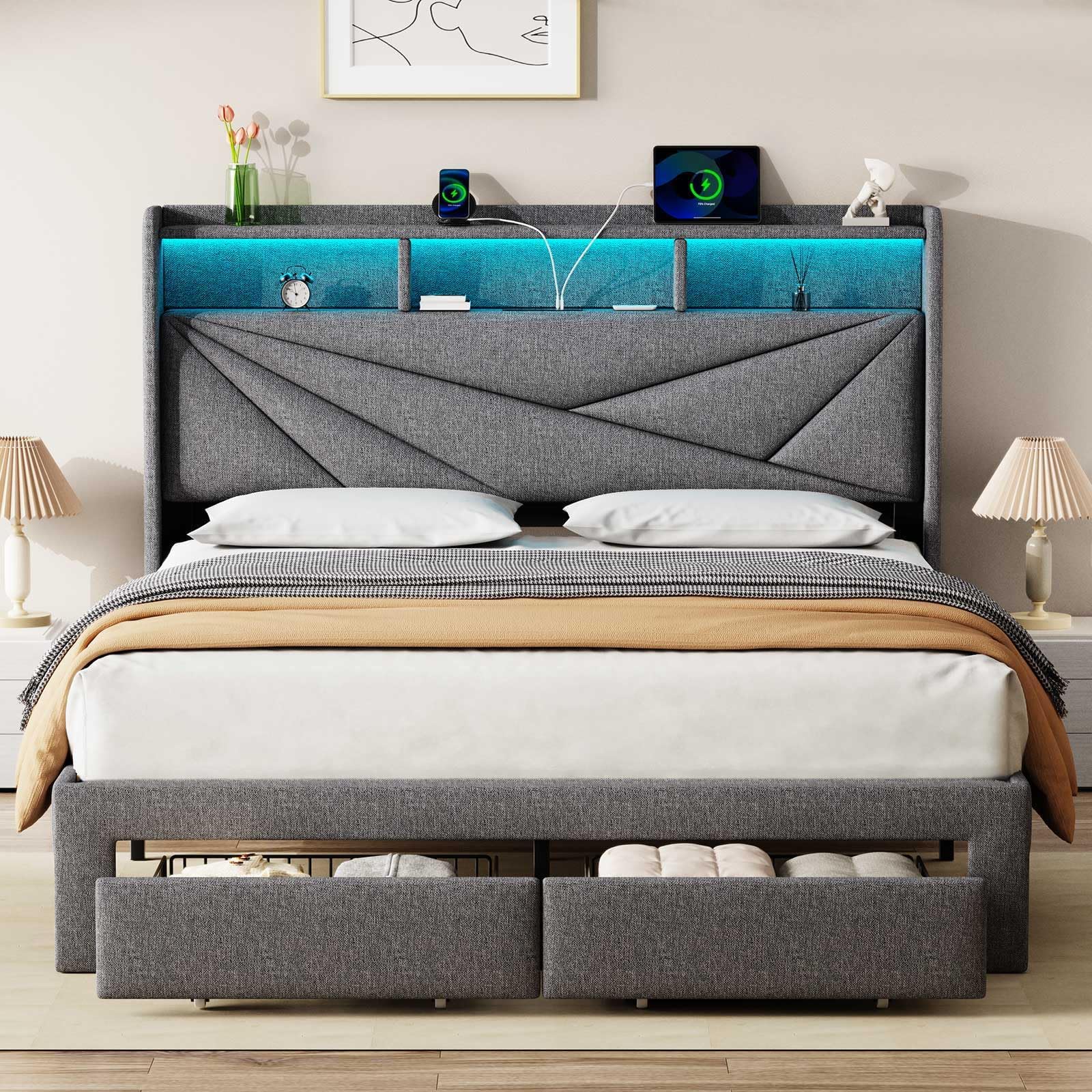 Amazon.com: Driftalia LED King Size Bed Frame with 2 Storage Drawers ...