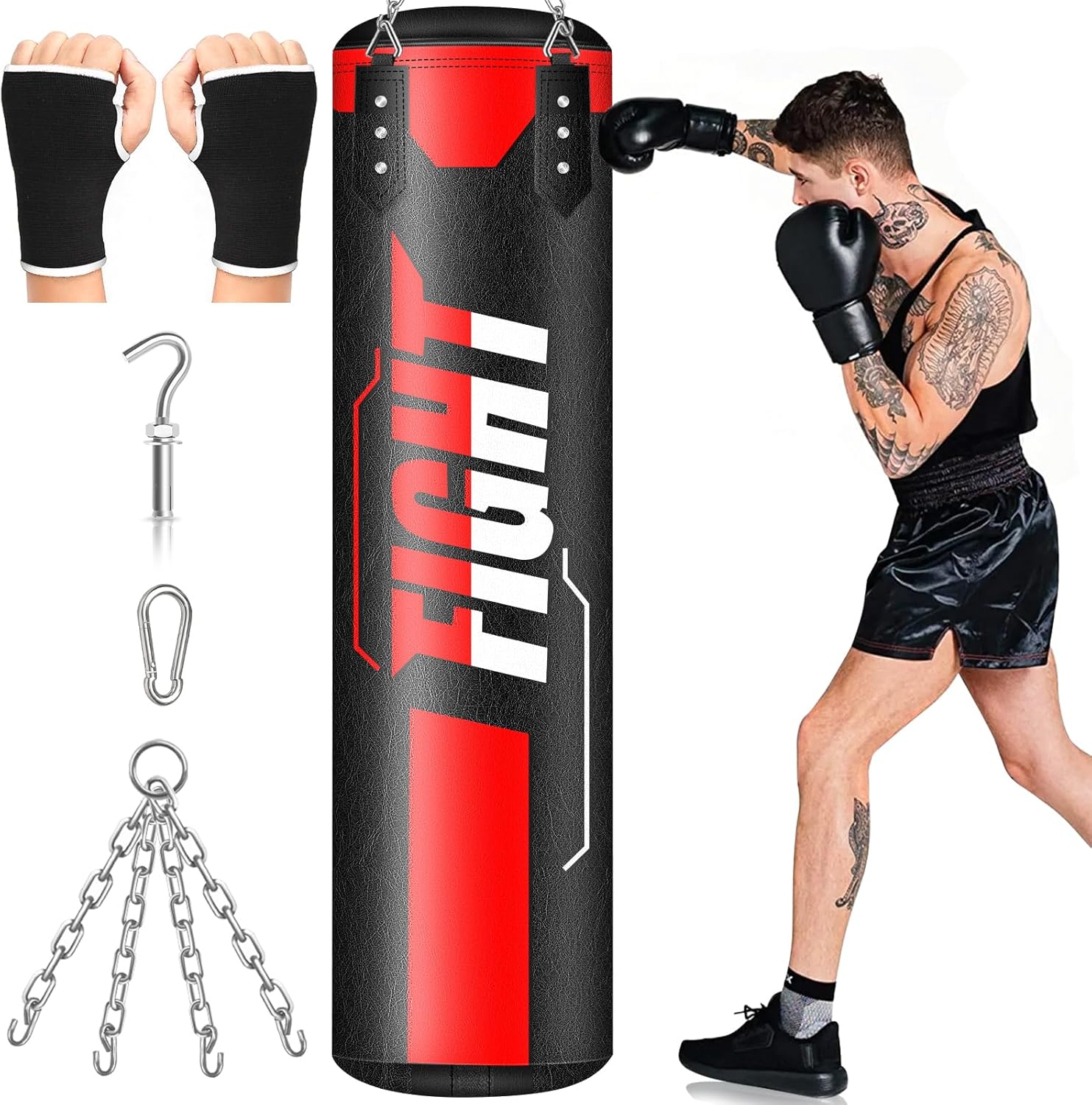 Filled Punching Bag for Adults, 4FT PU Leather Hanging Boxing Bag with ...