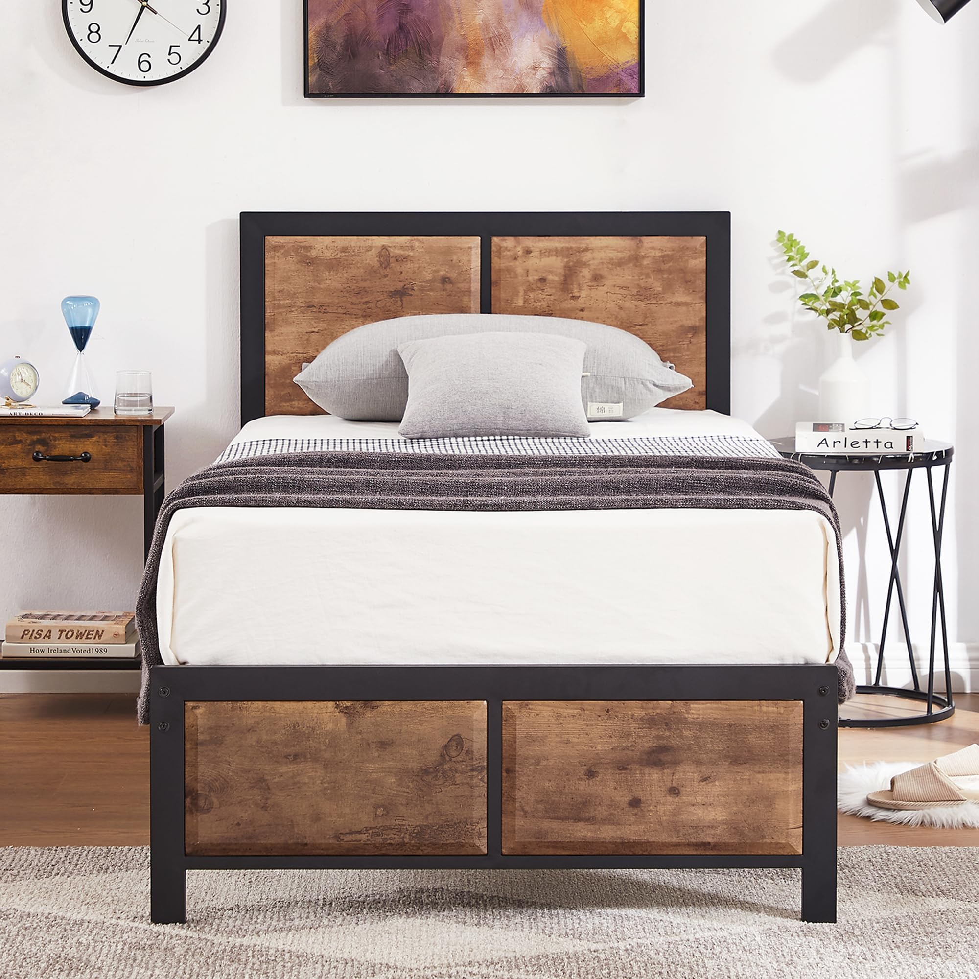 Amazon.com: Platform Twin Bed Frame with Rustic Vintage Wood Headboard ...