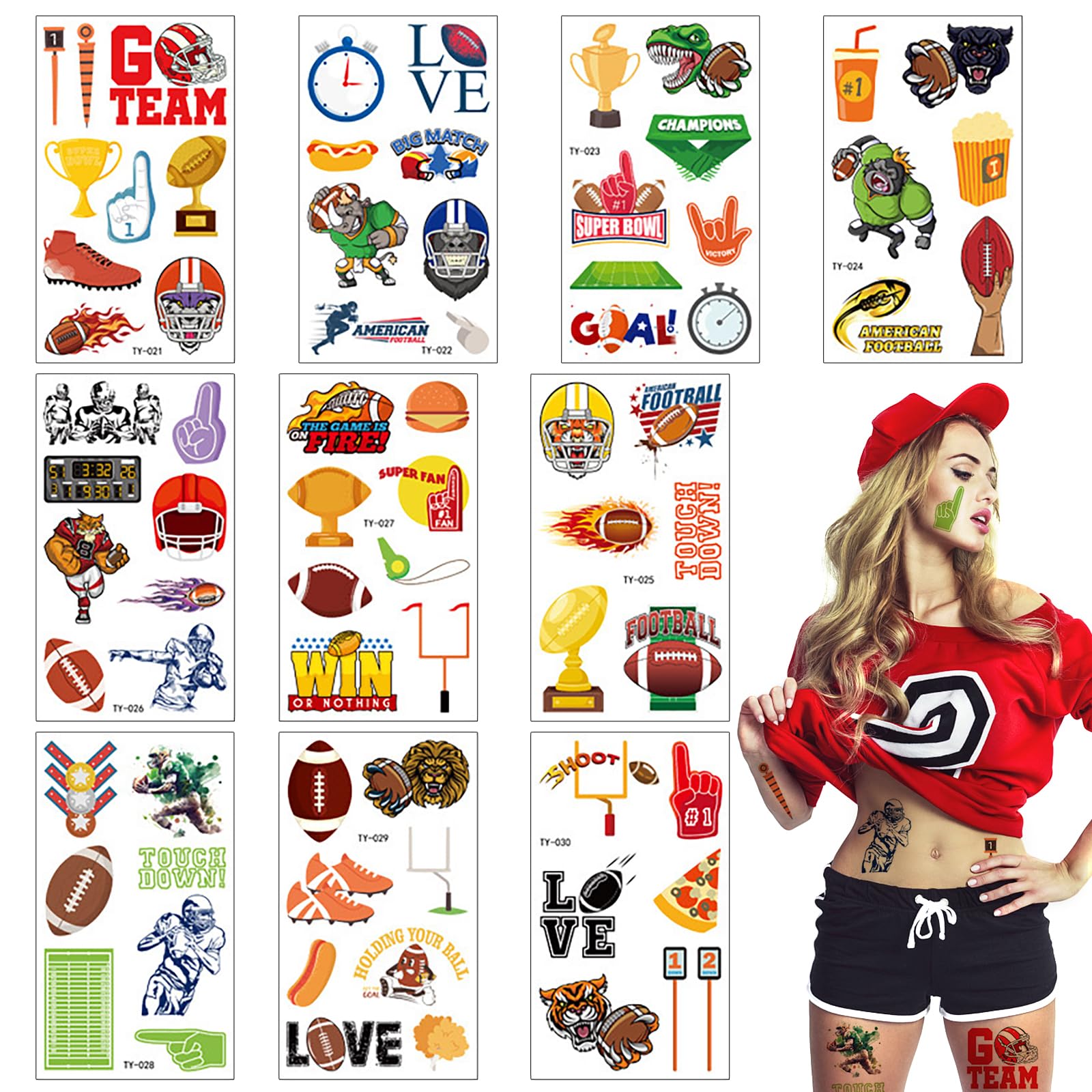 Amazon.com : 10 Sheets American Football Temporary Tattoos Sports Topic ...