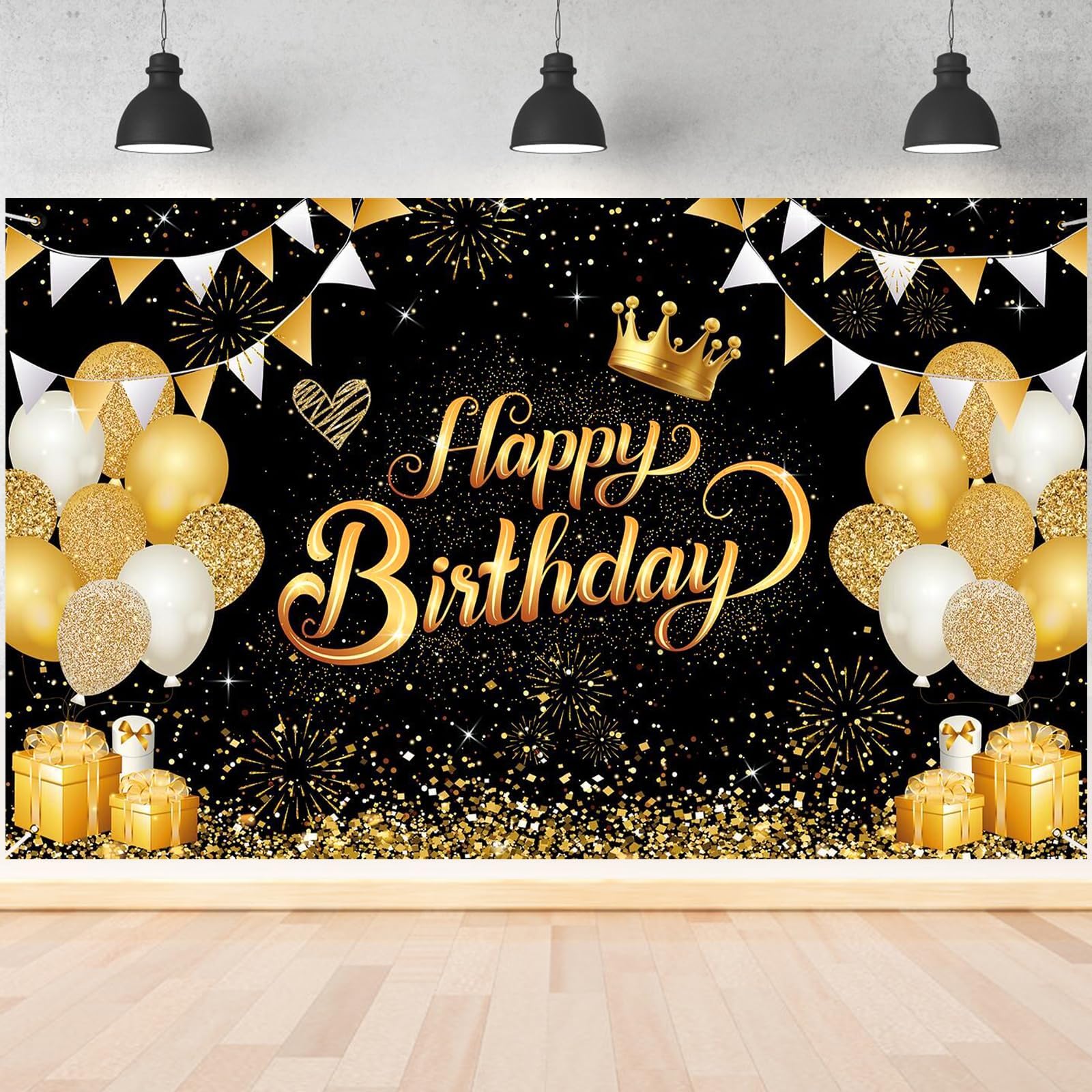 Amazon.com : Happy Birthday Decorations Backdrop Black Gold Happy ...