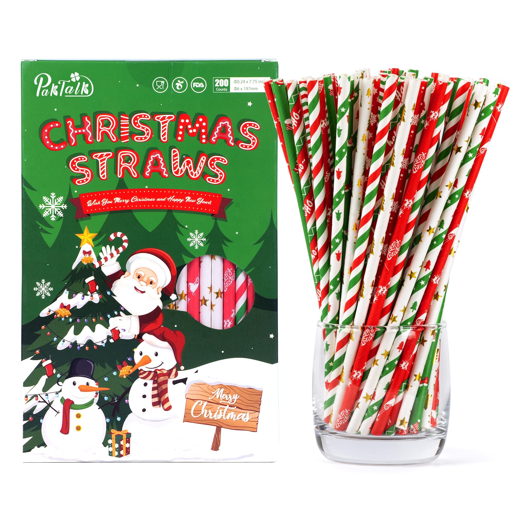 Amazon.com: PakTalk Christmas Paper Straws, 10 Styles 200 Pack Red ...