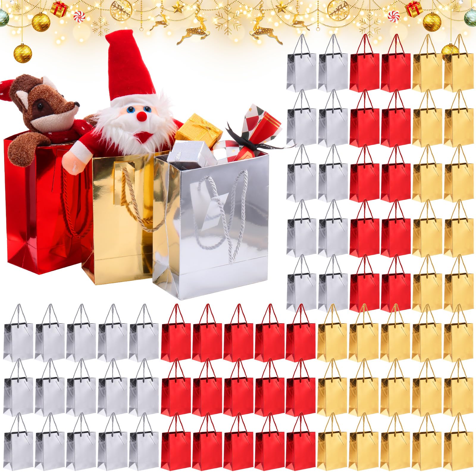 80 Pcs Christmas Metallic Gift Bags Red Gold Silver Foil Gift Bags with ...