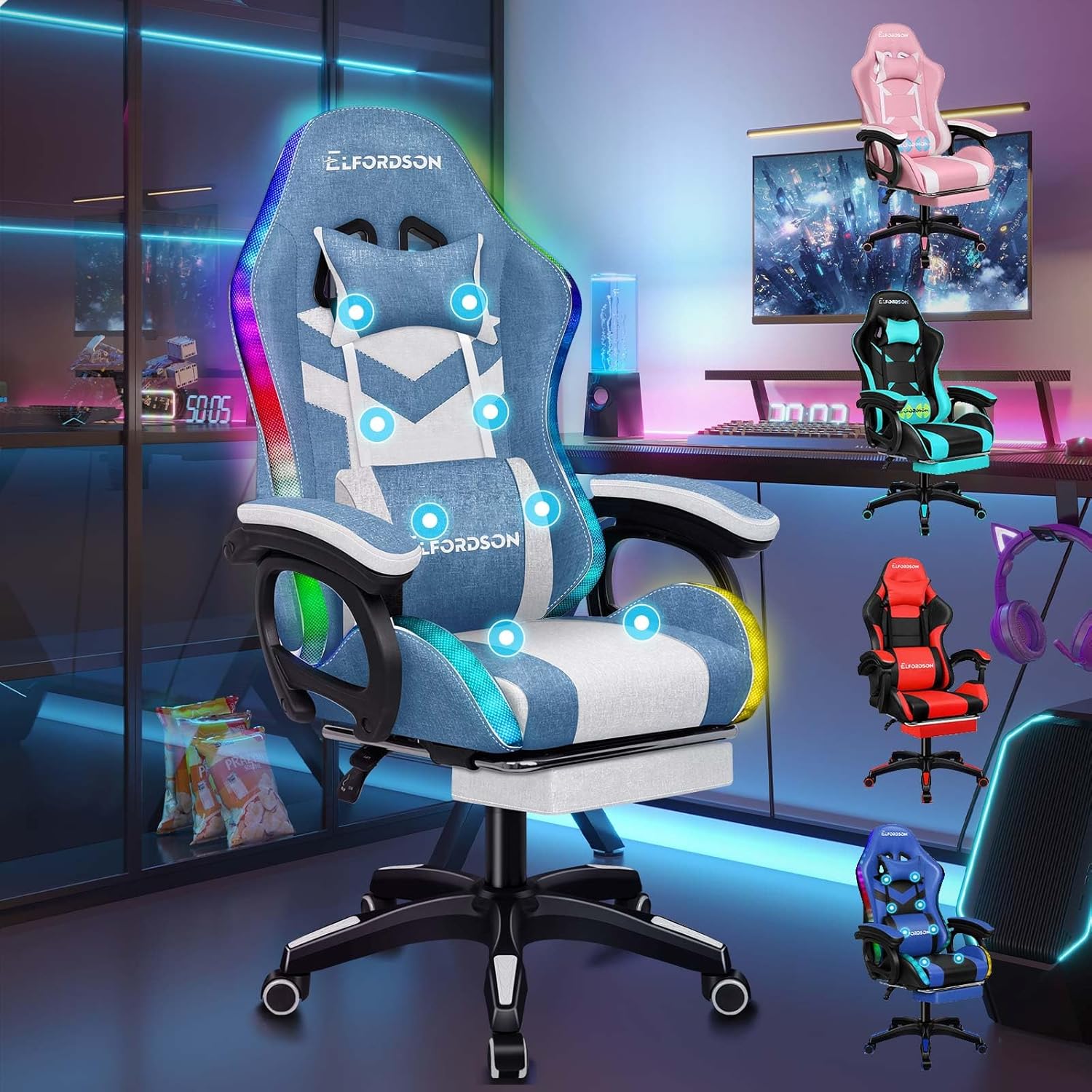 ELFORDSON LED Gaming Chair with 8-Point Massage, Ergonomic Computer ...