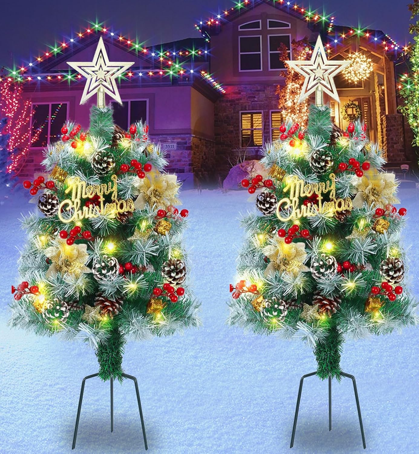 Amazon.com: Set of 2 31.5Inch Pre-Lit Outdoor Pathway Christmas Tree ...
