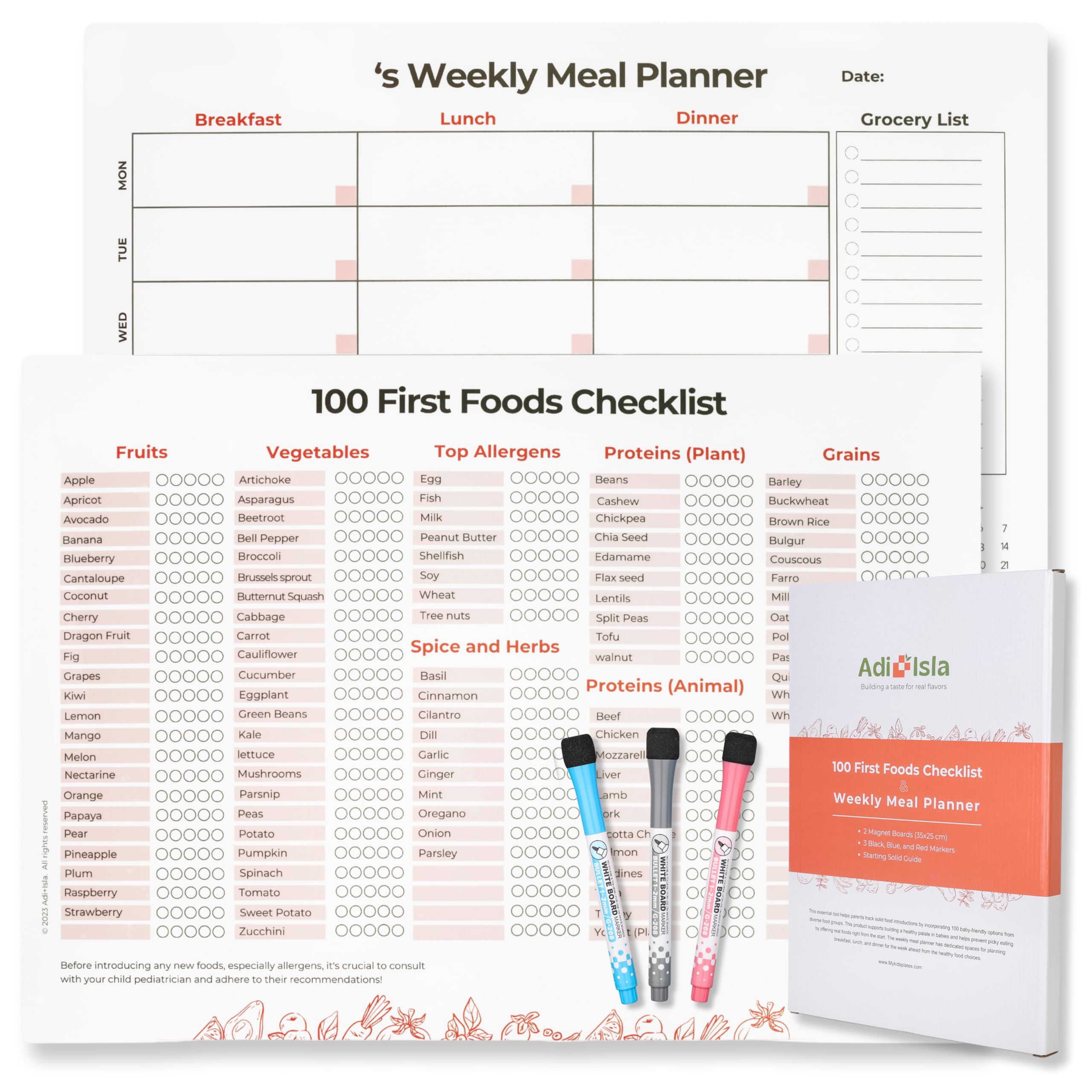 Adi+Isla 100 First Foods Chart & Weekly Meal Planner Magnetic Checklist ...