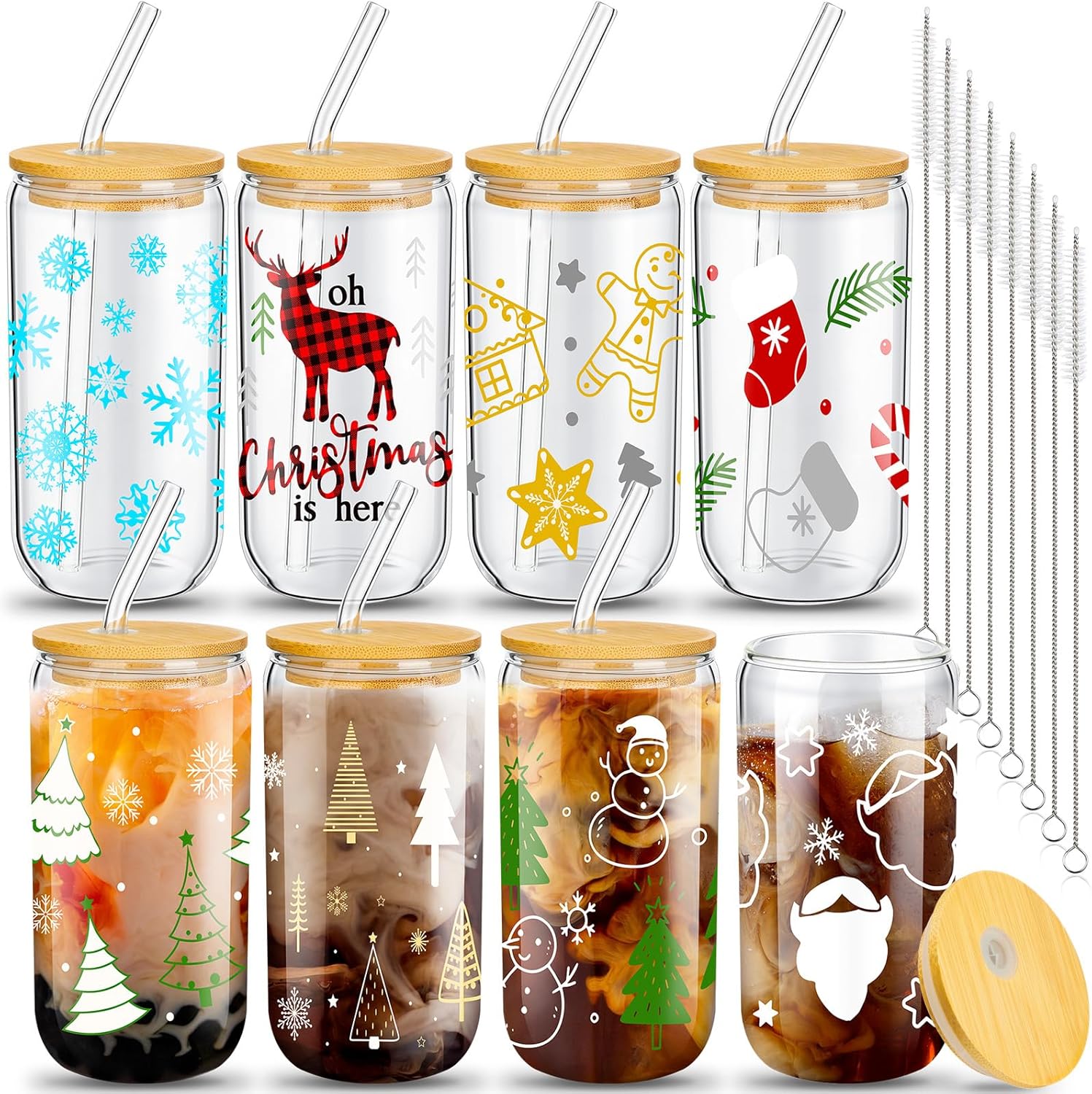 Amazon.com: Umigy 8 Pack Christmas Glass Cups, 16 oz Christmas Mason ...