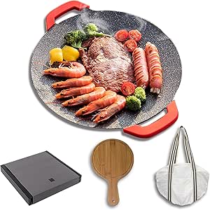 Amazon.co.jp: マルチグリドル 韓国 グリル鍋 バーベキュー 鉄板 29cm IH対応 焚き火 ガス 直火 超軽量取っ手付き 収納ケース付き キャンプ アウトドアシリーズ3セット ...