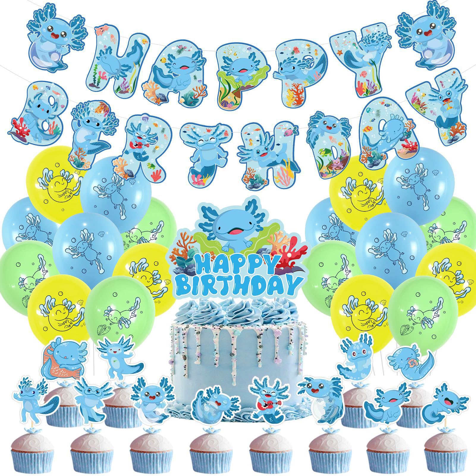 Amazon.com: Blue Axolotl Birthday Party Supplies for Kids Boys, Cute ...