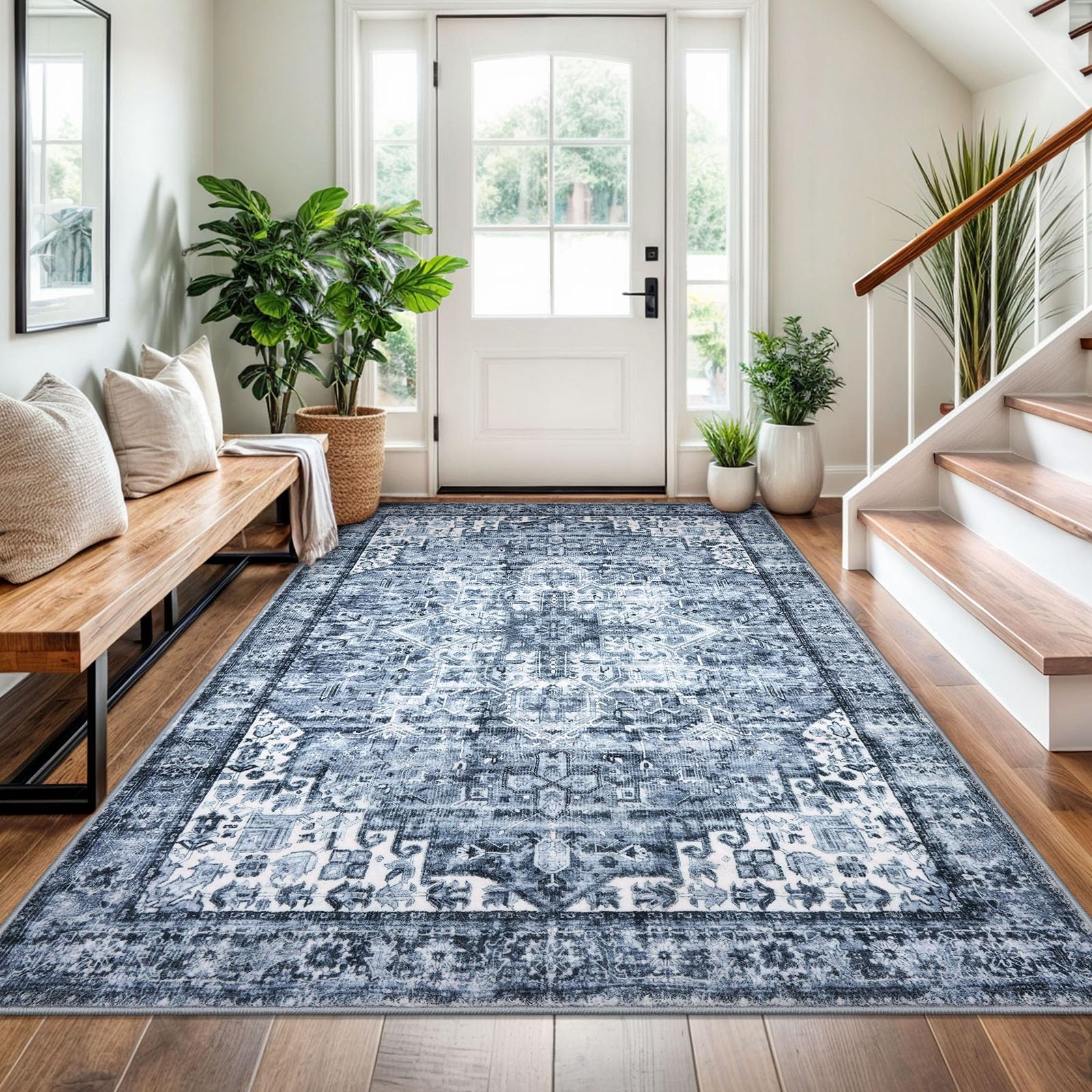 Amazon.com: SIILOOM 4x6 Blue Washable Rug for Entrance, Soft Printed ...