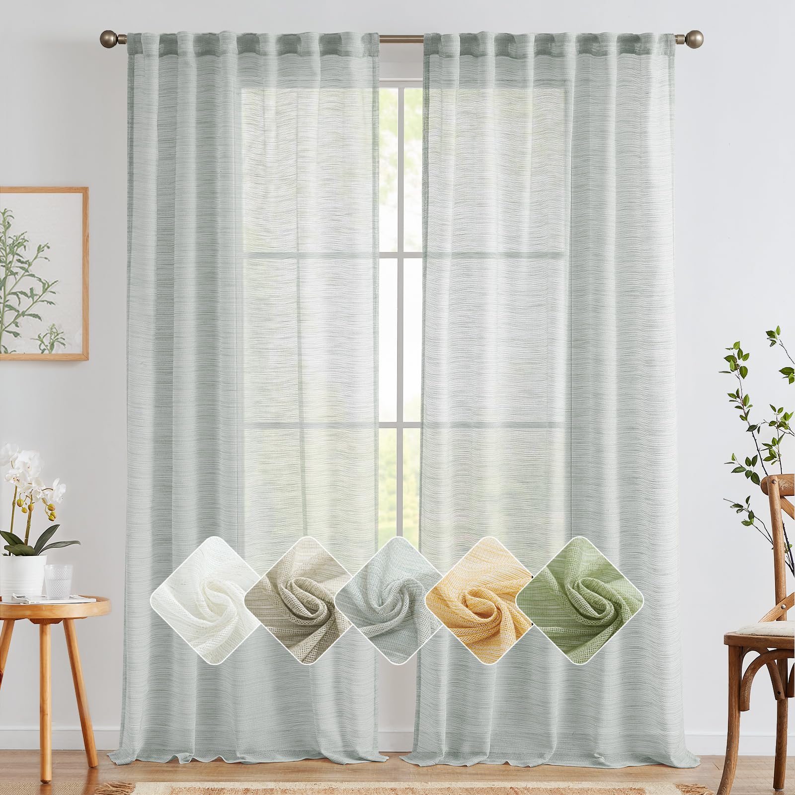 jinchan Linen Sheer Curtains for Living Room 96 Inches Long Farmhouse ...