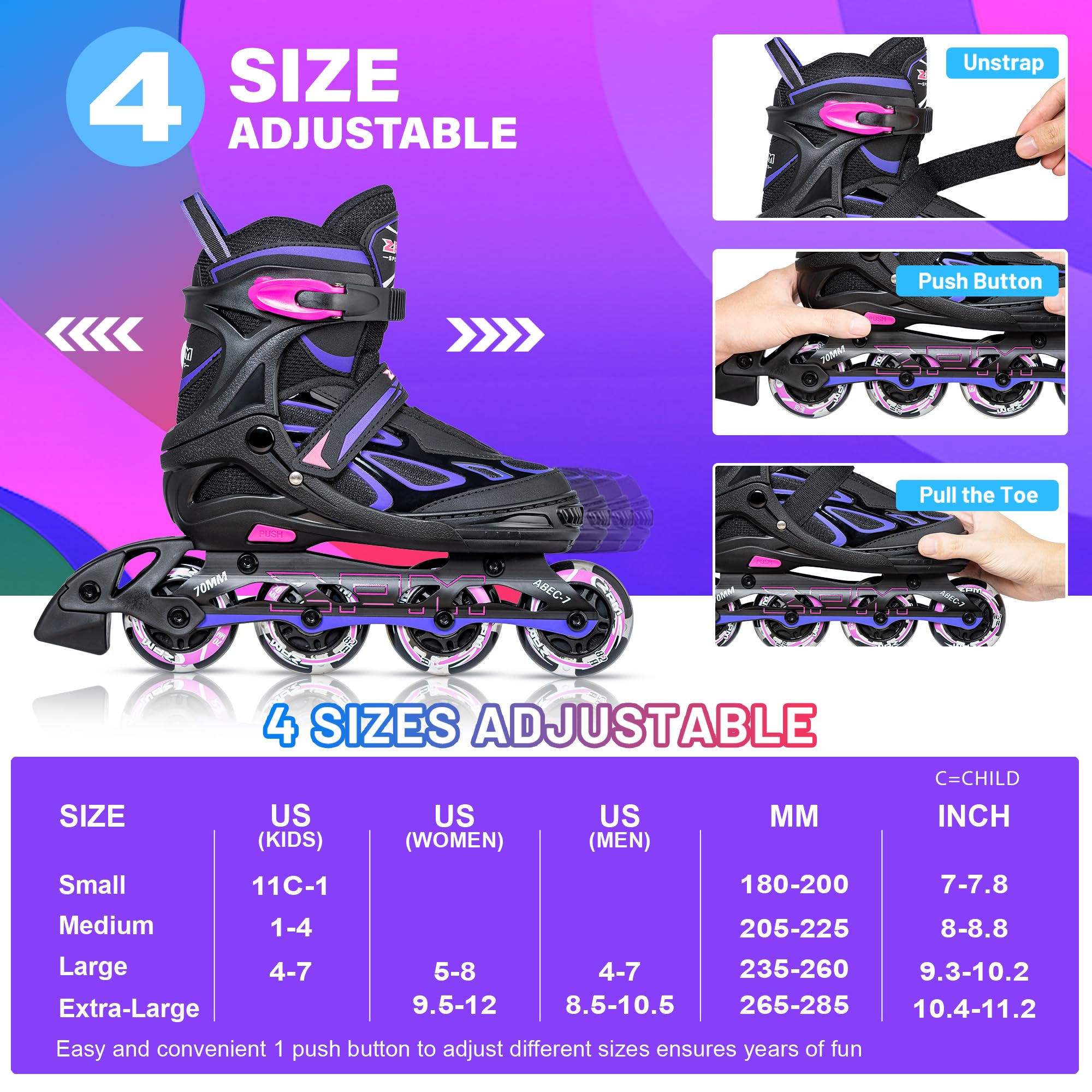 2PM SPORTS Vinal Girls Adjustable Flashing Inline Skates, All Wheels ...