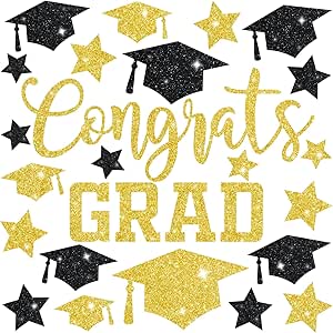 Whaline 6 Sheet Glitter Graduation Window Clings Shinny Black Gold Grad ...