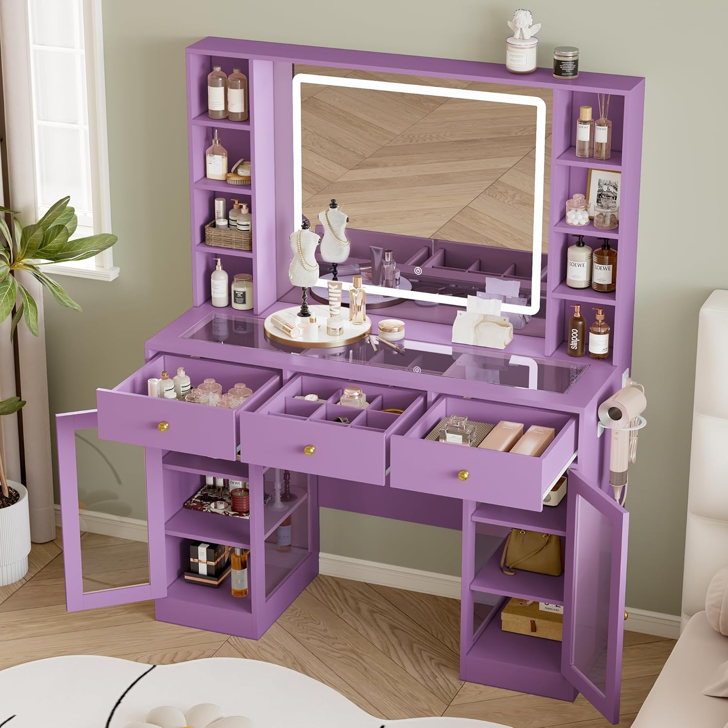 Wodeer 43-inch Purple Makeup Vanity Desk with Mirror and Adjustable LED ...