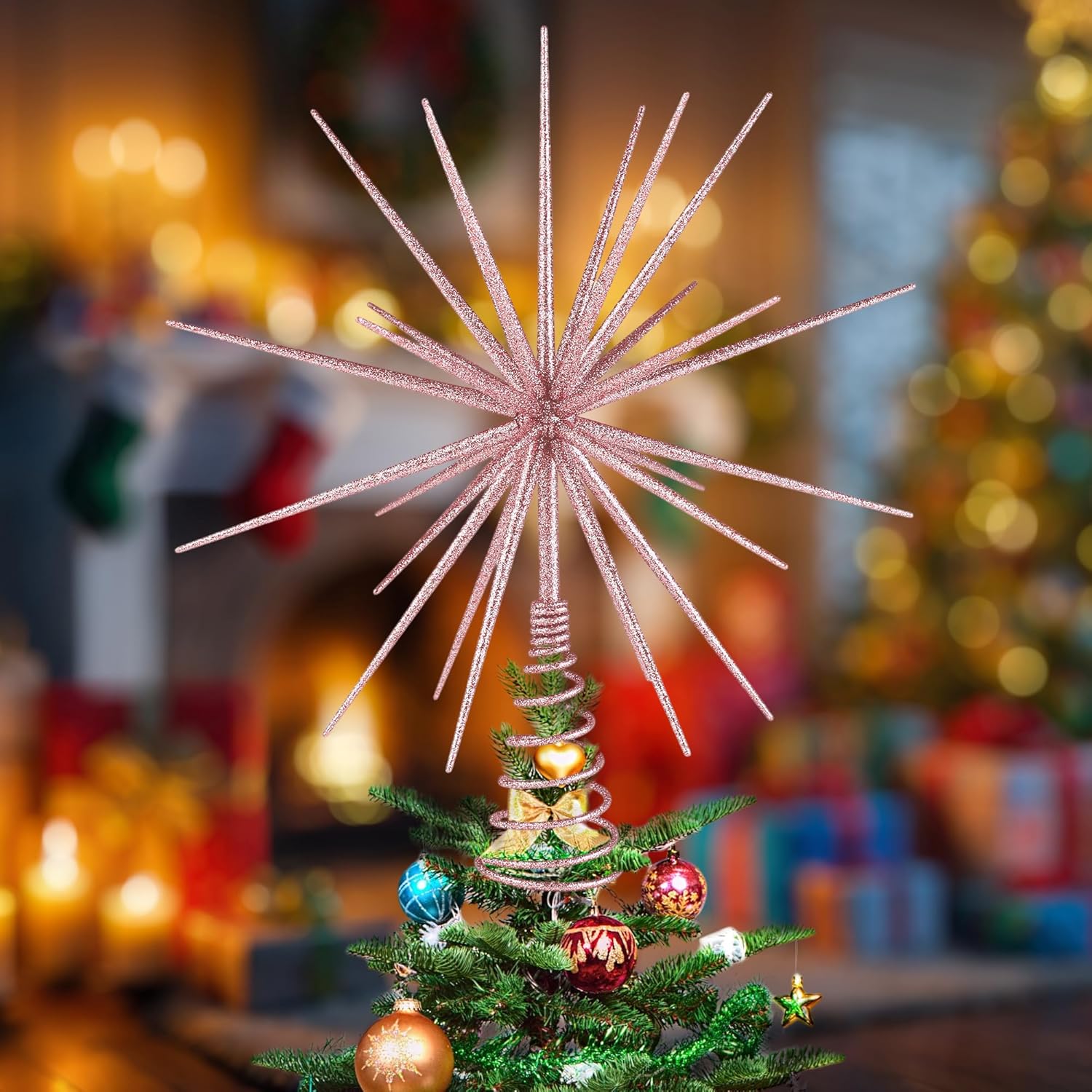 Amazon.com: VWAERR 13.8 Inch Pink Christmas Burst Tree Topper Glittered ...