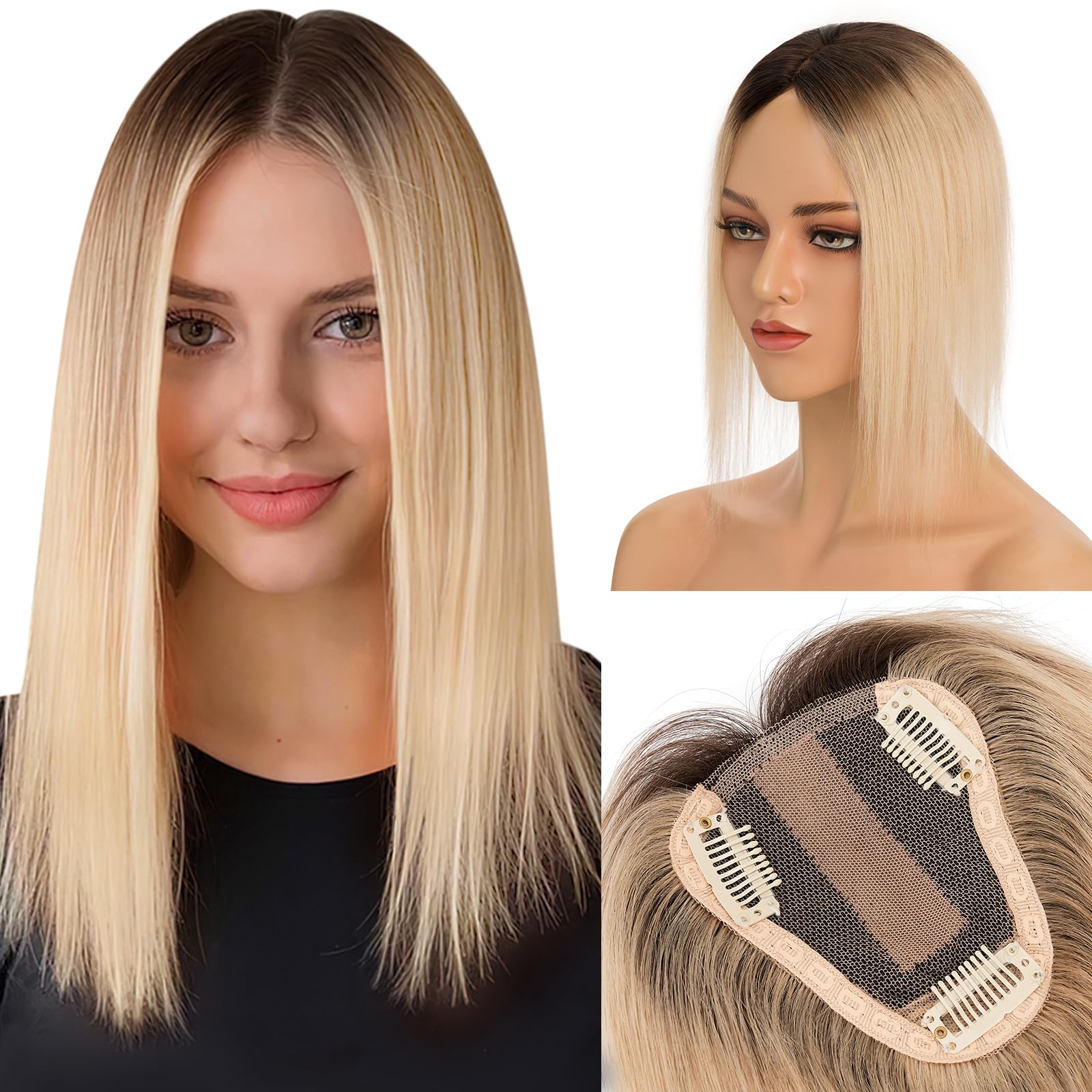 Hairro Blonde Hair Topper 8x10cm Hand-Tied Silk Base Clip in Human Hair ...