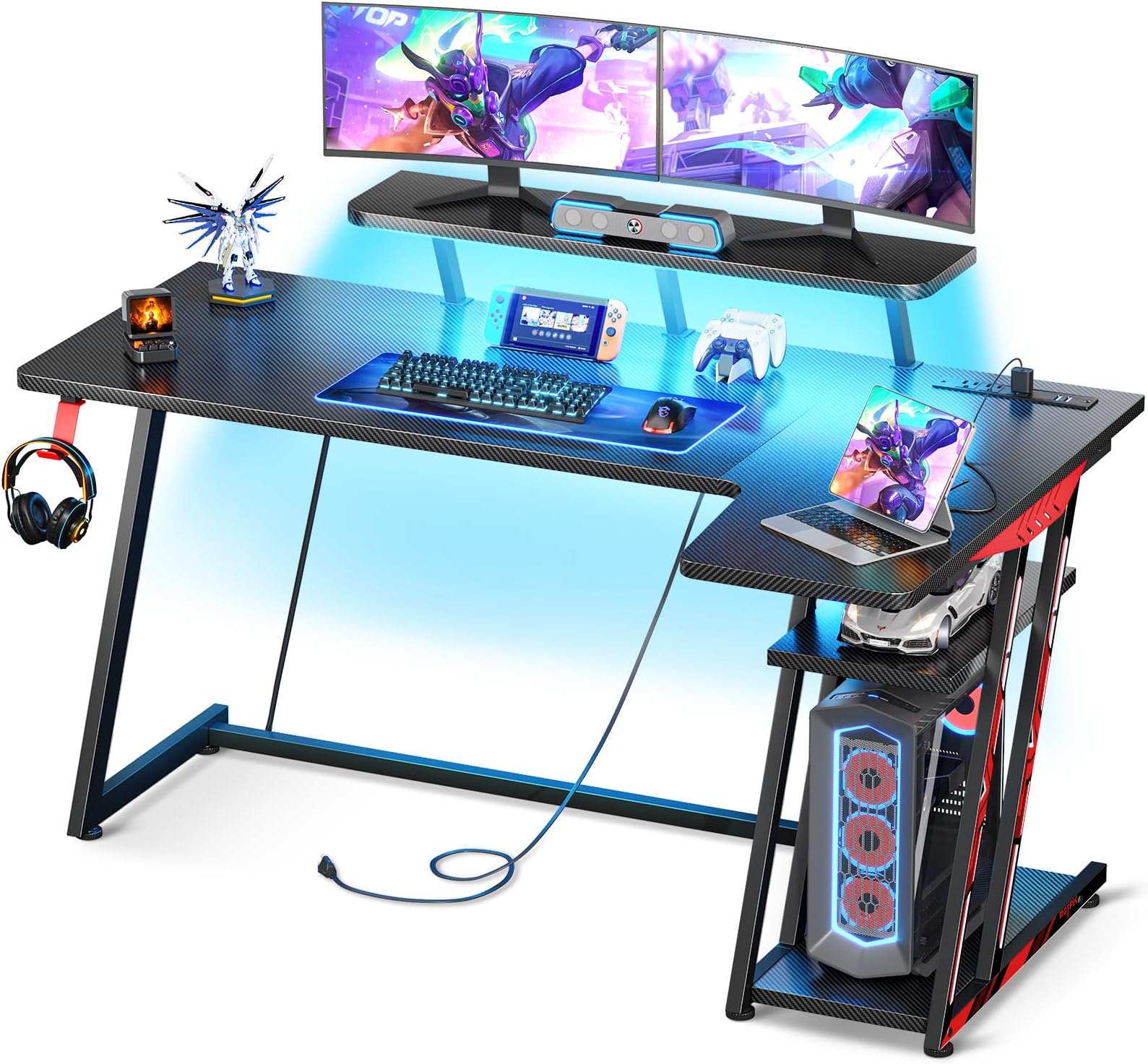 Amazon.com: Iwell L Shaped Gaming Desk with Power Outlet & LED Lights ...