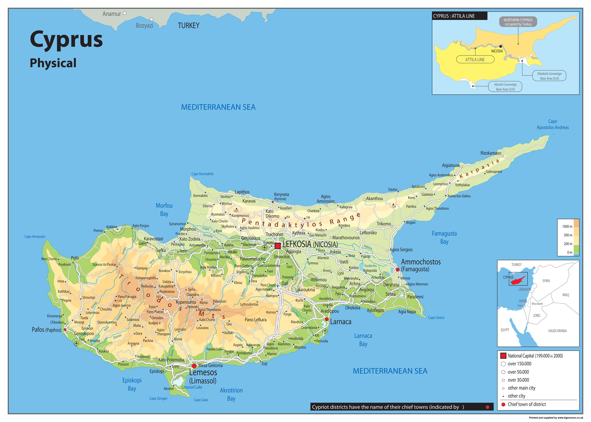 Physical Map of Cyprus - Size A2-42 x 59.4 cm - Paper Laminated ...