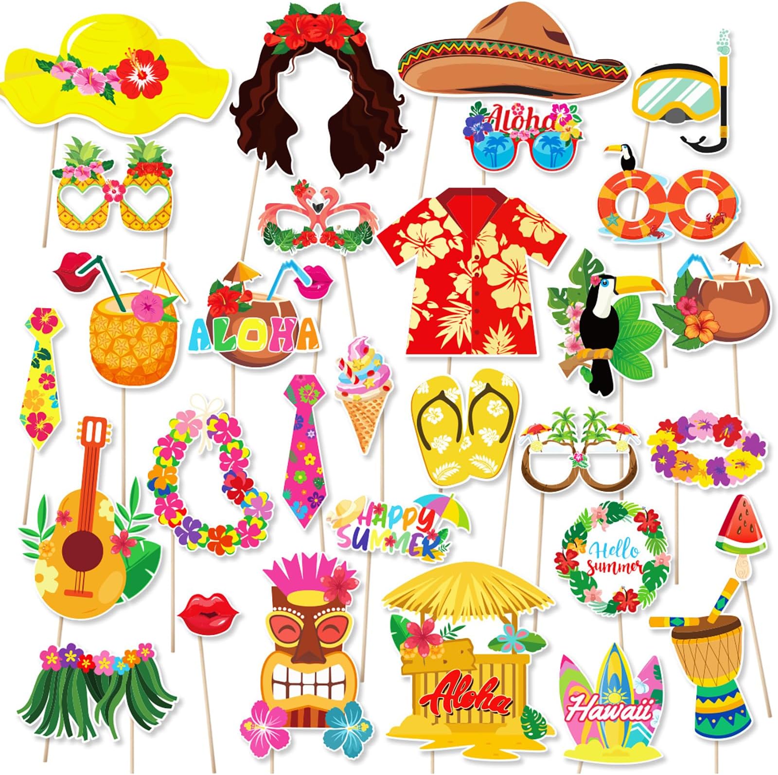 Amazon.com: 38pcs Luau Photo Booth Props Luau Party Favors Tropical ...