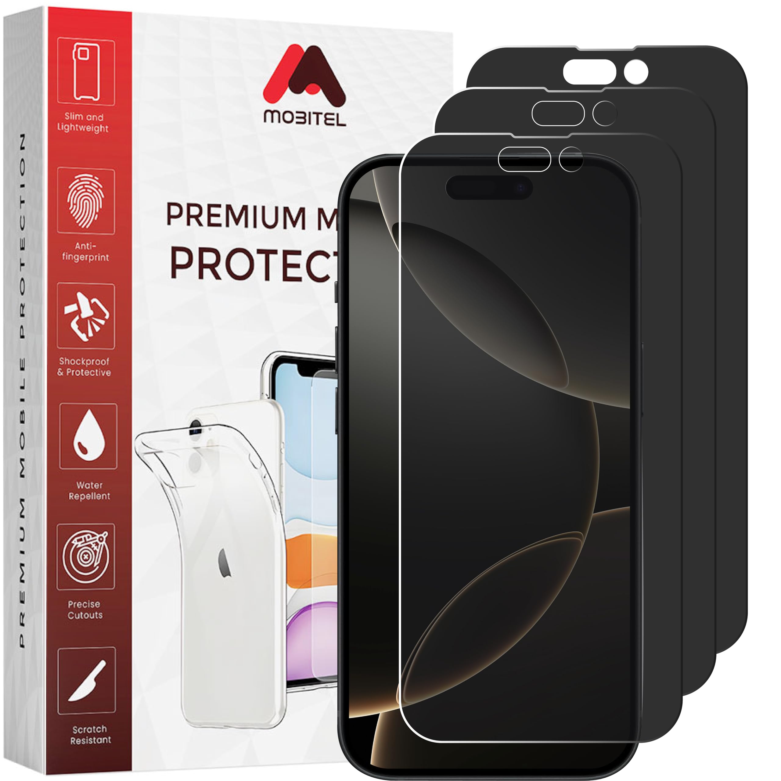 Mobitel 3-Pack Privacy Glass Screen Protector for iPhone 16 Pro Max, 6. ...