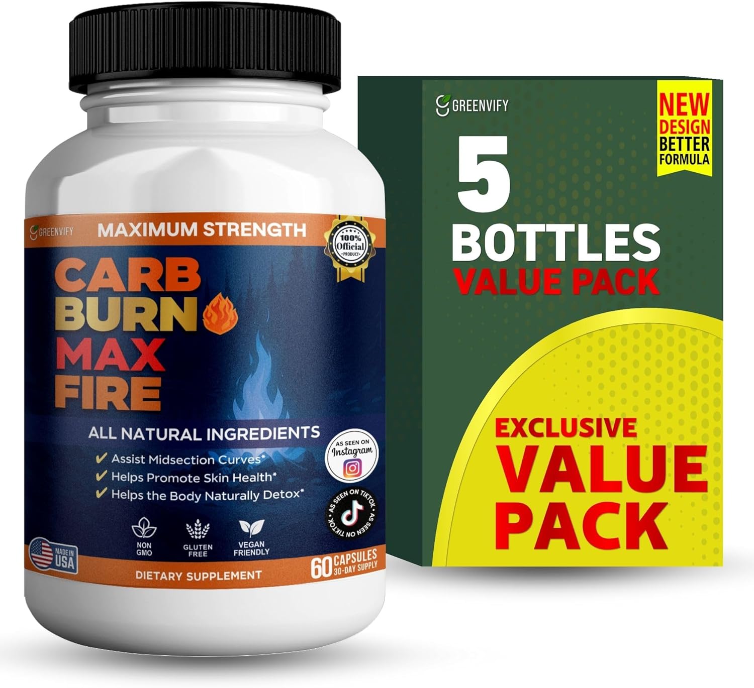 Amazon.com: GREENVIFY Carb Burn Max Fire, Maximum Strength Natural Supplement, 60 Capsules, 30 ...