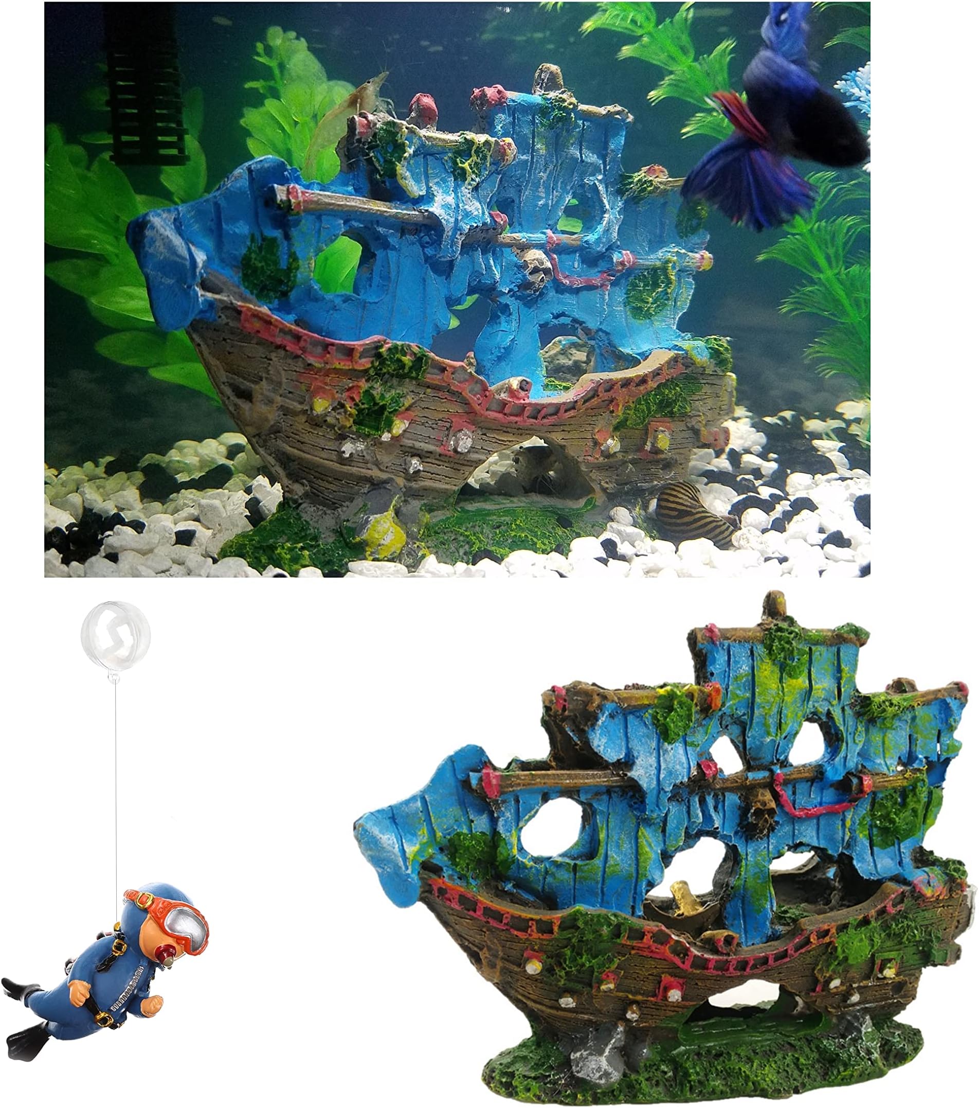 Amazon.com: AWXZOM Aquarium Shipwreck Decoration + Little Diver ...