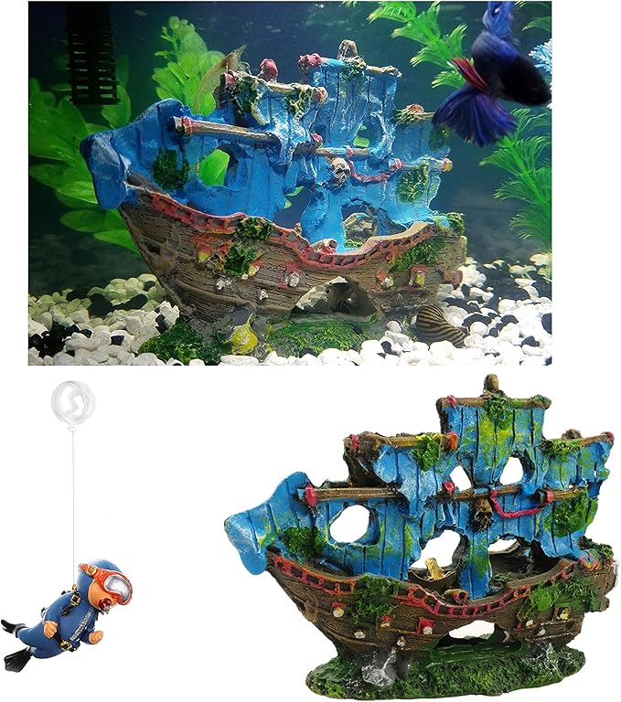 Amazon.com: AWXZOM Aquarium Shipwreck Decoration + Little Diver ...
