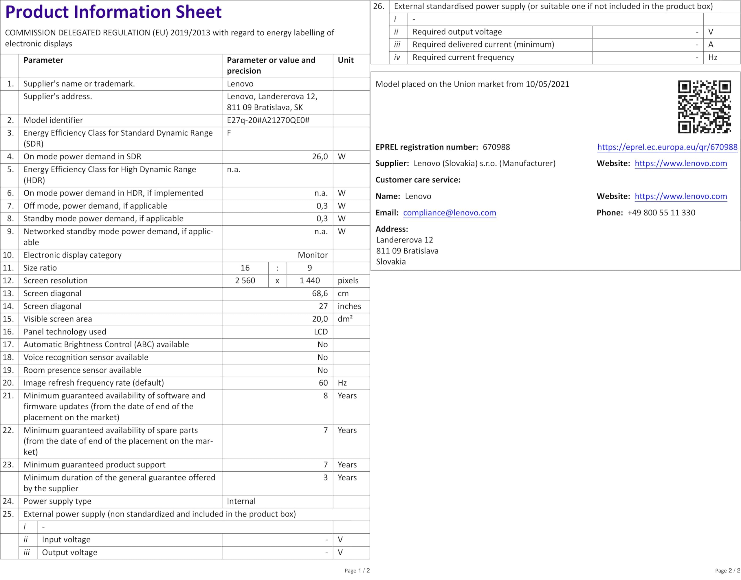 Lenovo ThinkVision E27q-20 27 inch IPS Monitor - IPS Panel, 2560 x 1440 ...